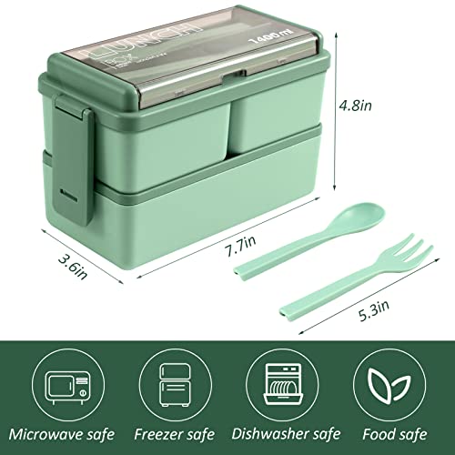 CHZZMS 2 Pack Bento Box Adult Lunch Box,49OZ Leakproof Eco-Friendly Stackable Bento Lunch Box Meal Prep for Dining Out, Work, Picnic, School (green+blue)