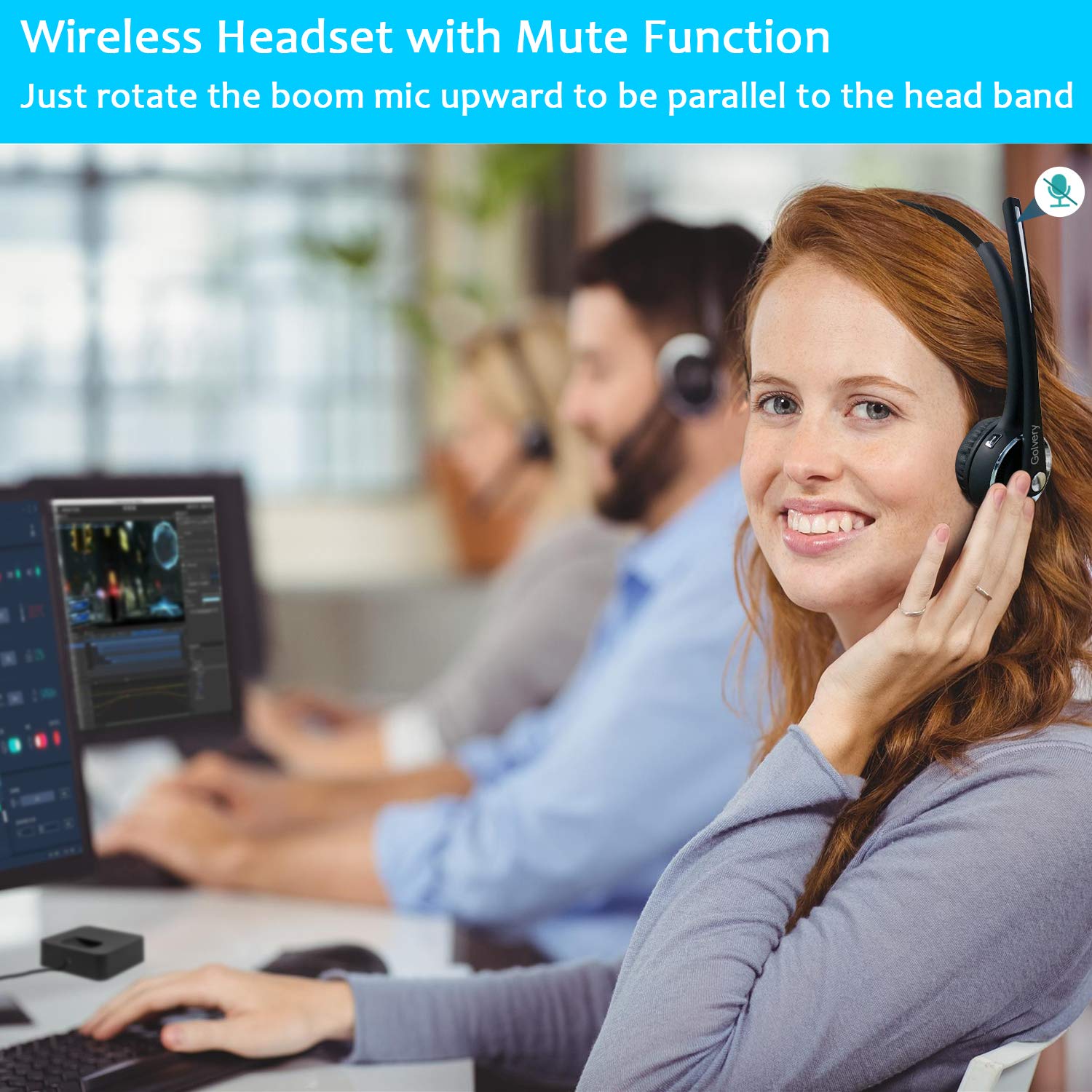 Golvery Bluetooth Headset with Mic for Phone, Office Wireless On-Ear Headphones for Office Call Center PC Skype, Noise Cancelling Mic, 15 Hours Talking Time, 200 Hrs Standby, Multi-Point, Mute ON/Off