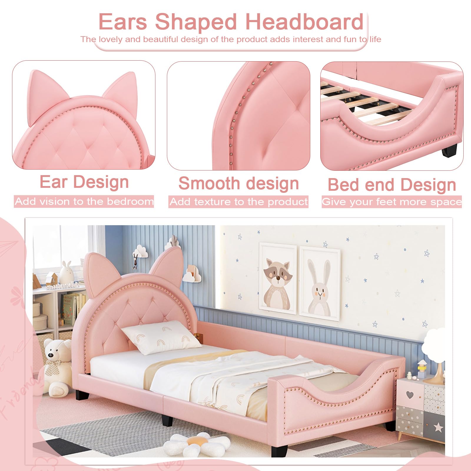 Cute Twin Size Upholstered Daybed, PU Leather Platform Bed with Carton Ears Shaped Headboard, Wooden Slat Supports Bed Frame for Kids, Girls, Boys, Child's Room, No Box Spring Needed (Pink)
