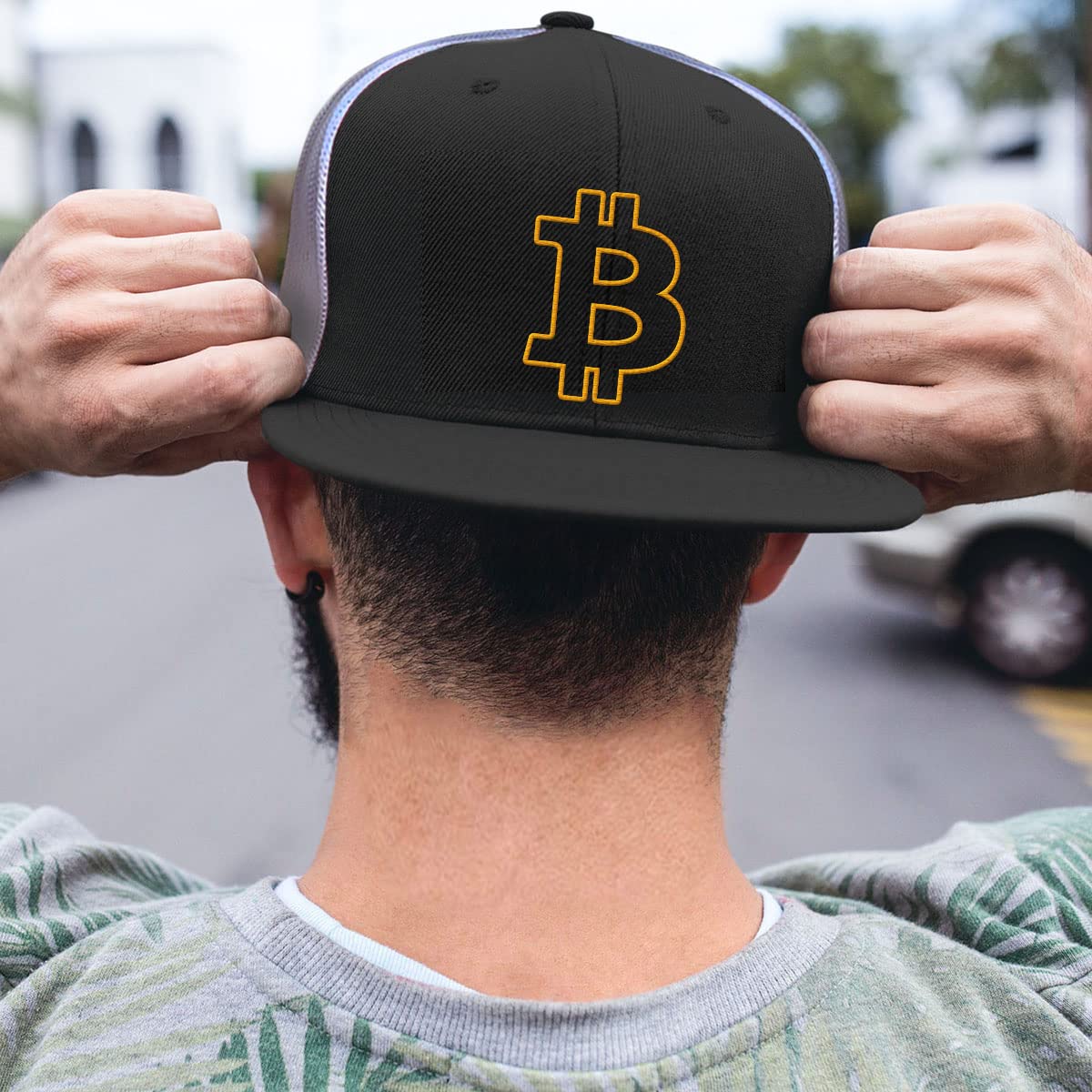 Bitcoin Outline - Cotton Snapback Hat - Breathable Mesh Side for Casual Wear & Outdoor Activities All Seasons - Baseball Cap Women and Men (Black Front/Black Mesh)