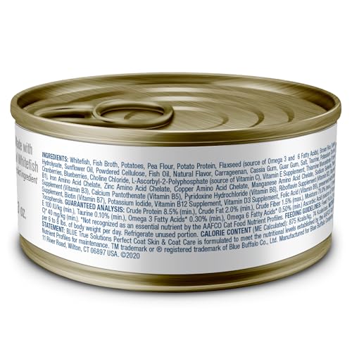 Blue Buffalo True Solutions Adult Wet Cat Food Multi-Pack, Perfect Skin & Coat, Made with Natural Ingredients, Whitefish, 3-oz. Cans (24 Count)