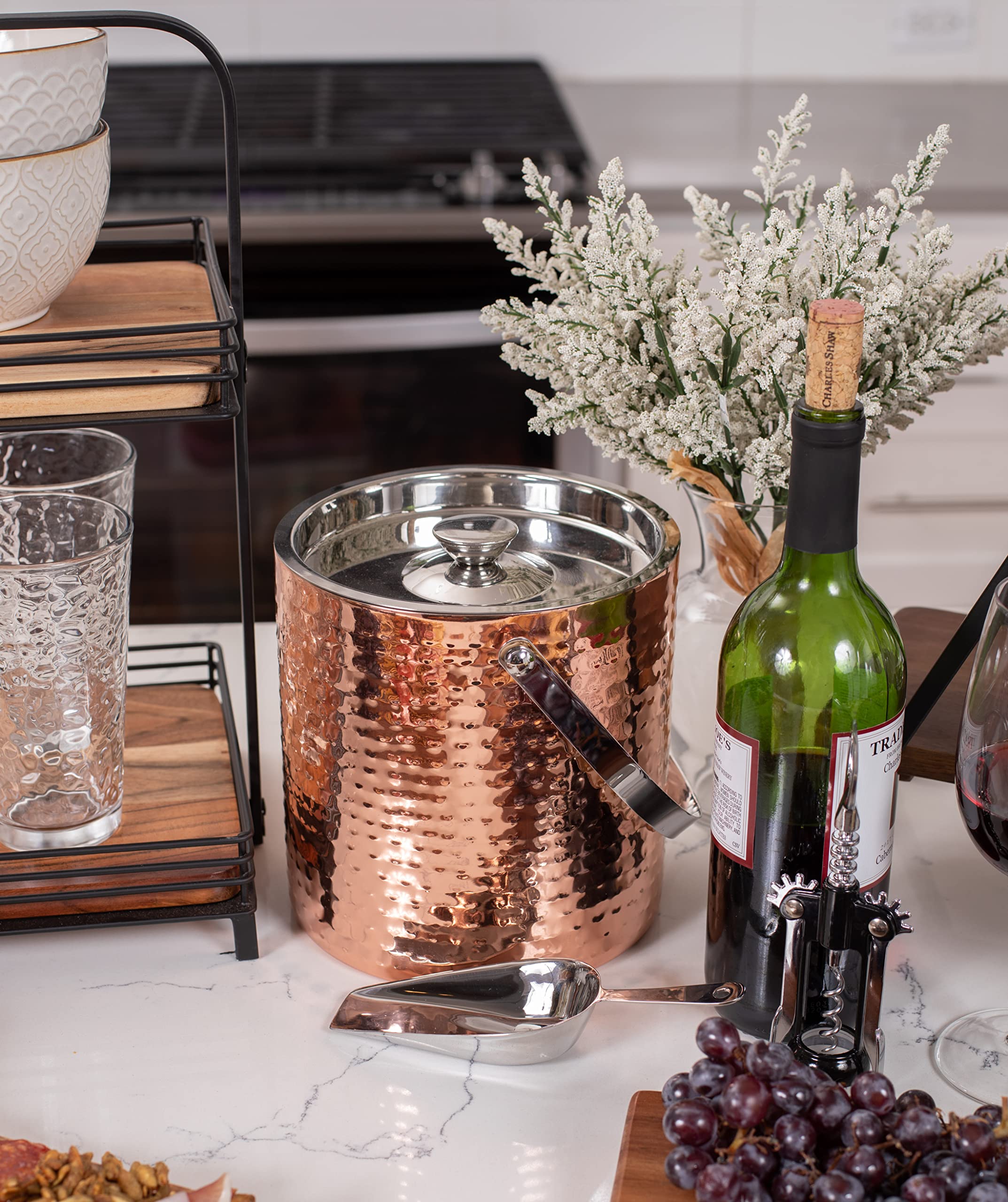 BirdRock Home Ice Bucket with Scoop & Lid - 2.8 Liter Hammered 18/8 Stainless Steel Container for Bar - Double Wall Insulated Bucket with Carrying Handle - Great for Parties - (Copper)