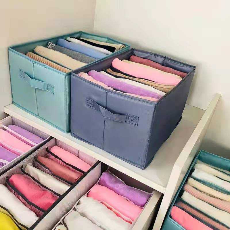 Clothing & Drawer Organizer Bins, Pack of 2 Premium Quality 9-Grid Fabric Storage Containers with Handles, Sea Green & Navy Sea Green Dark blue