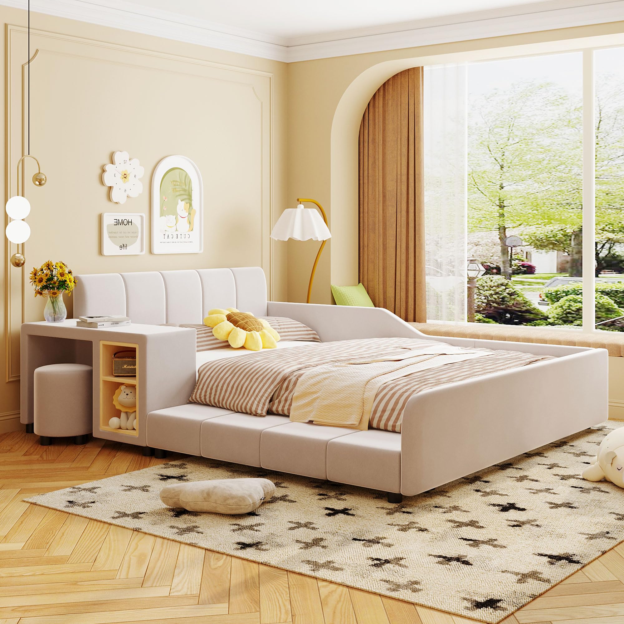 Full Size Multi-Functional Design Upholstered Grounded Bed, Velvet Upholstered Platform Bed, Mother & Child Bed with Bedside Desk and Little Round Stool for Kids Boys Girls (Beige-119)