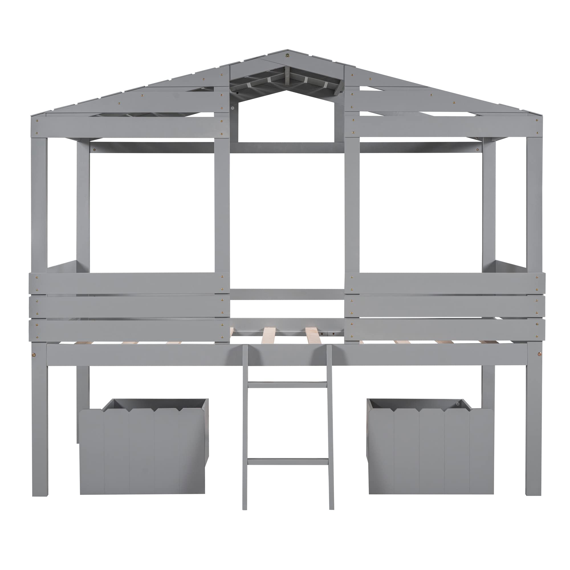 Harper & Bright Designs Low Loft House Bed with Storage, Wood Twin Size Loft Bed Frame with Two Drawers, Ladder, Roof, Windows for Kids Teens, Girls, Boys, No Box Spring Needed (Grey)