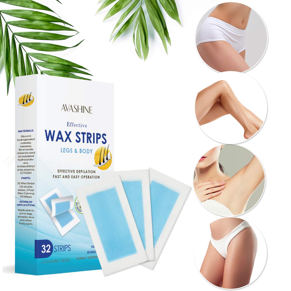 Avashine Wax Strips, Hair Removal Wax Strips For Arm, Leg, Brazilian, Underarm Hair, Bikini, 32 Count Wax Strips With 4 Post Wipes-Blue