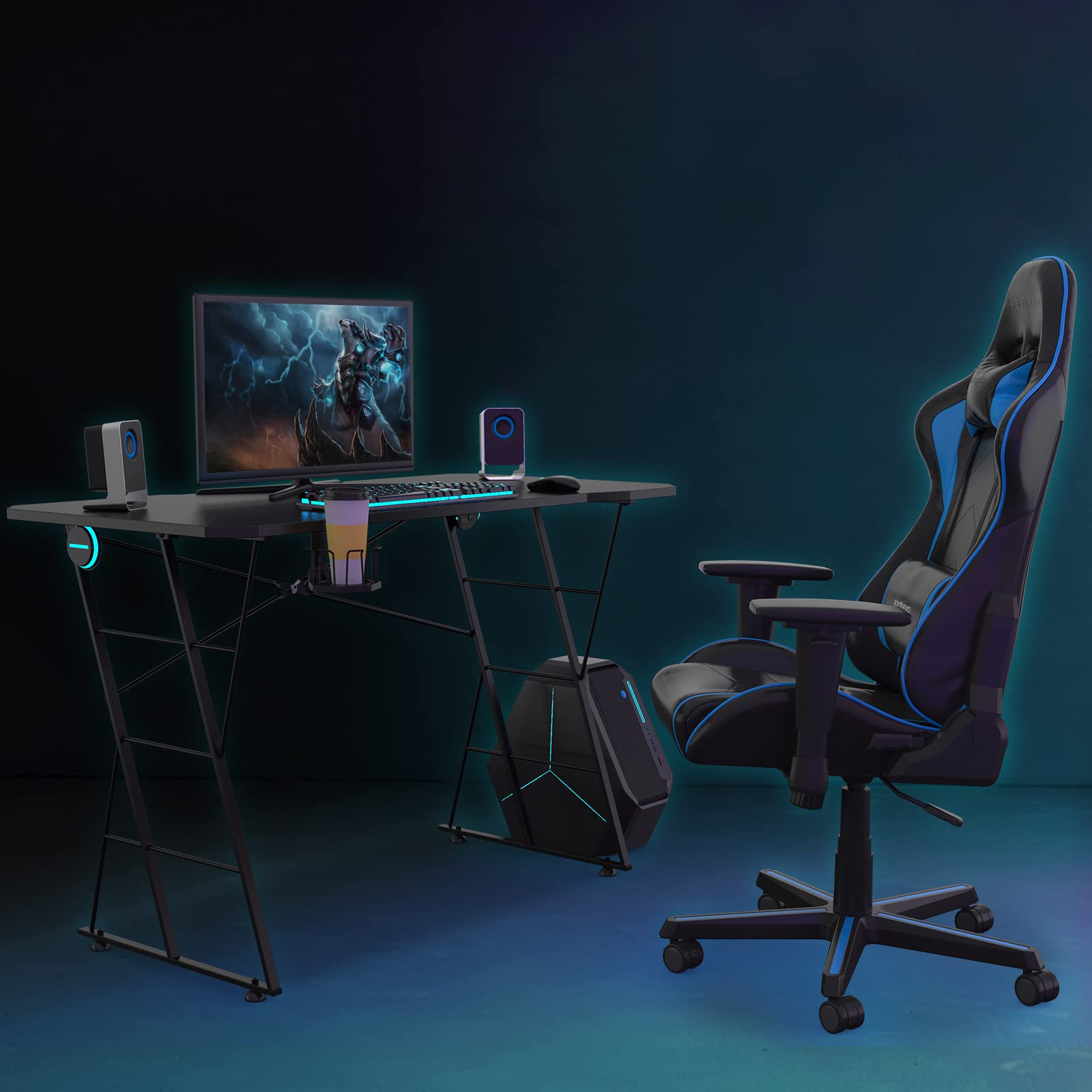JOY worker Gaming Desk with LED Lights, 47 Inch Gamer Desk Carbon Fiber Desktop, Game Desk with Cup Holder, Home Office Gaming Room Workstation, Black