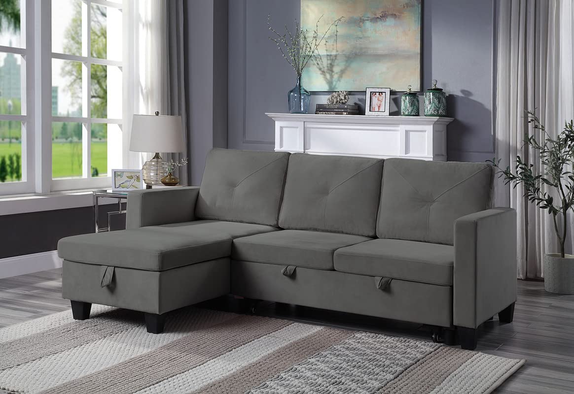 TUTB 82.5'' L-Shape Convertible Sleeper Sectional Sofa with Storage Chaise and Pull-Out Bed, Velvet Upholstered Reversible Corner 3 Person Couch, for Living Room, Apartment, Dark Gray