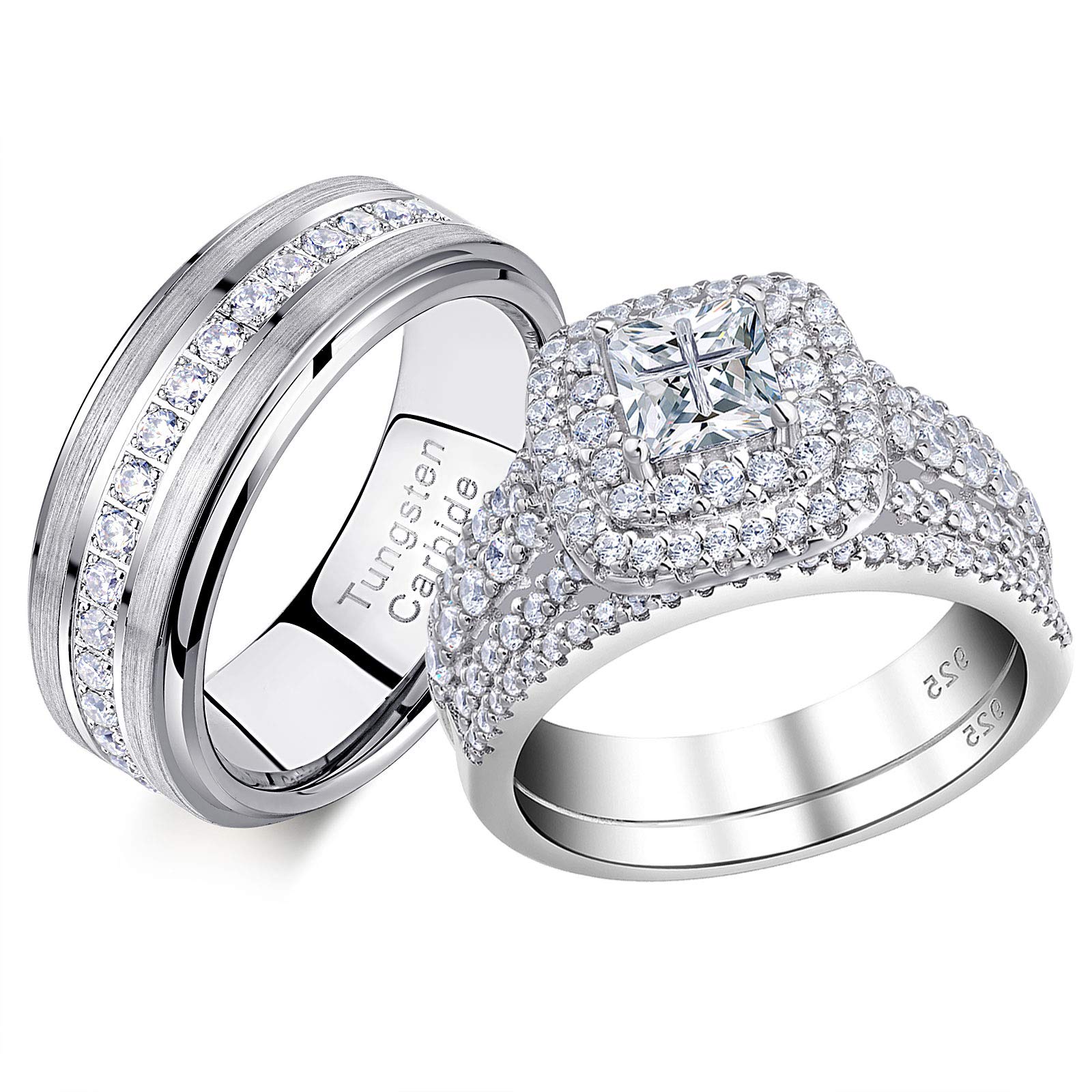Newshe Wedding Rings Set for Him and Her Women Mens Tungsten Bands Princess Cz 2.3Ct Sterling Silver 7&9