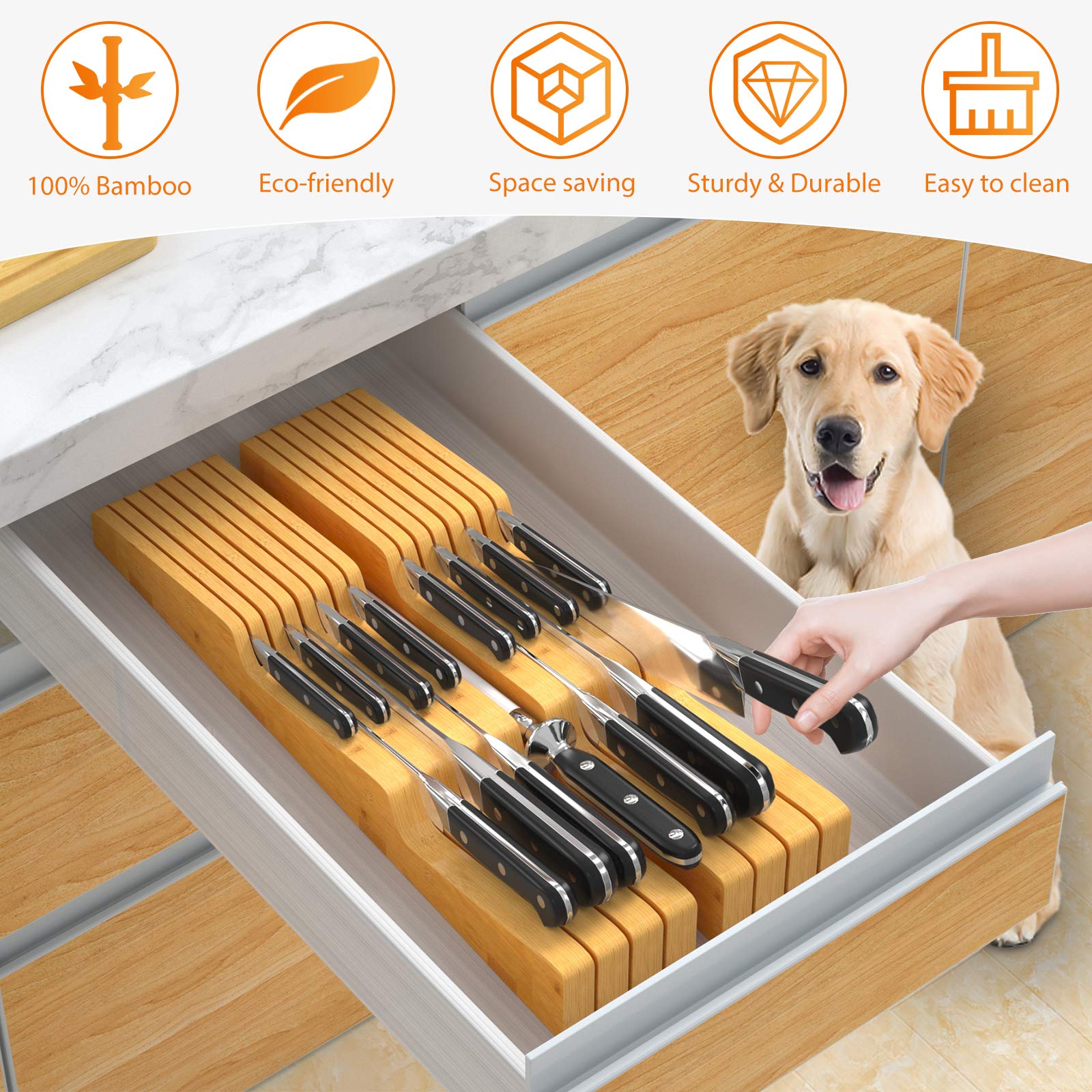 Bamboo Knife Block Drawer Organizer Insert In Drawer Knife Holder Storage for Kitchen Hold 14 Knives (Not Included) by FURNINXS