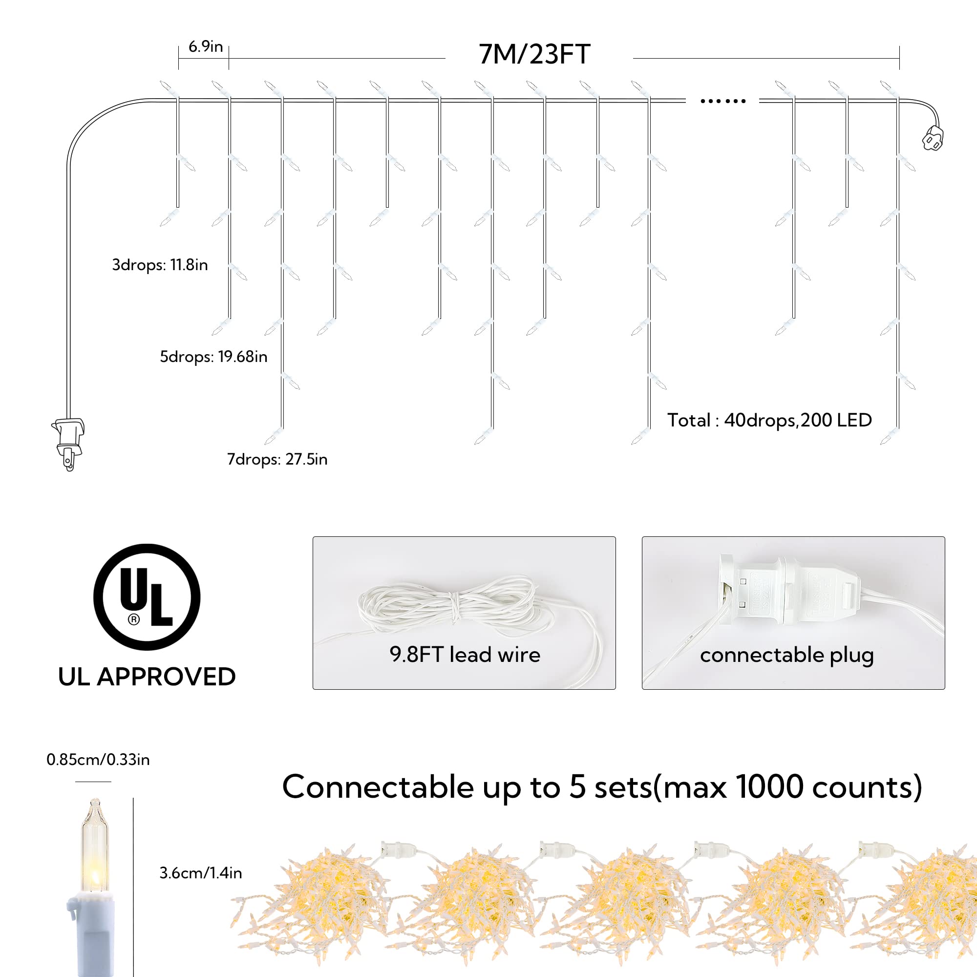 BEEWIN 200 Christmas Icicle Lights, Warm White Clear Bulbs with 23FT Long White Wire, Professional Grade String Lights for Indoor & Outdoor,Xmas,Party, Patio, Courtyard, Window, Fence, Trees Decor