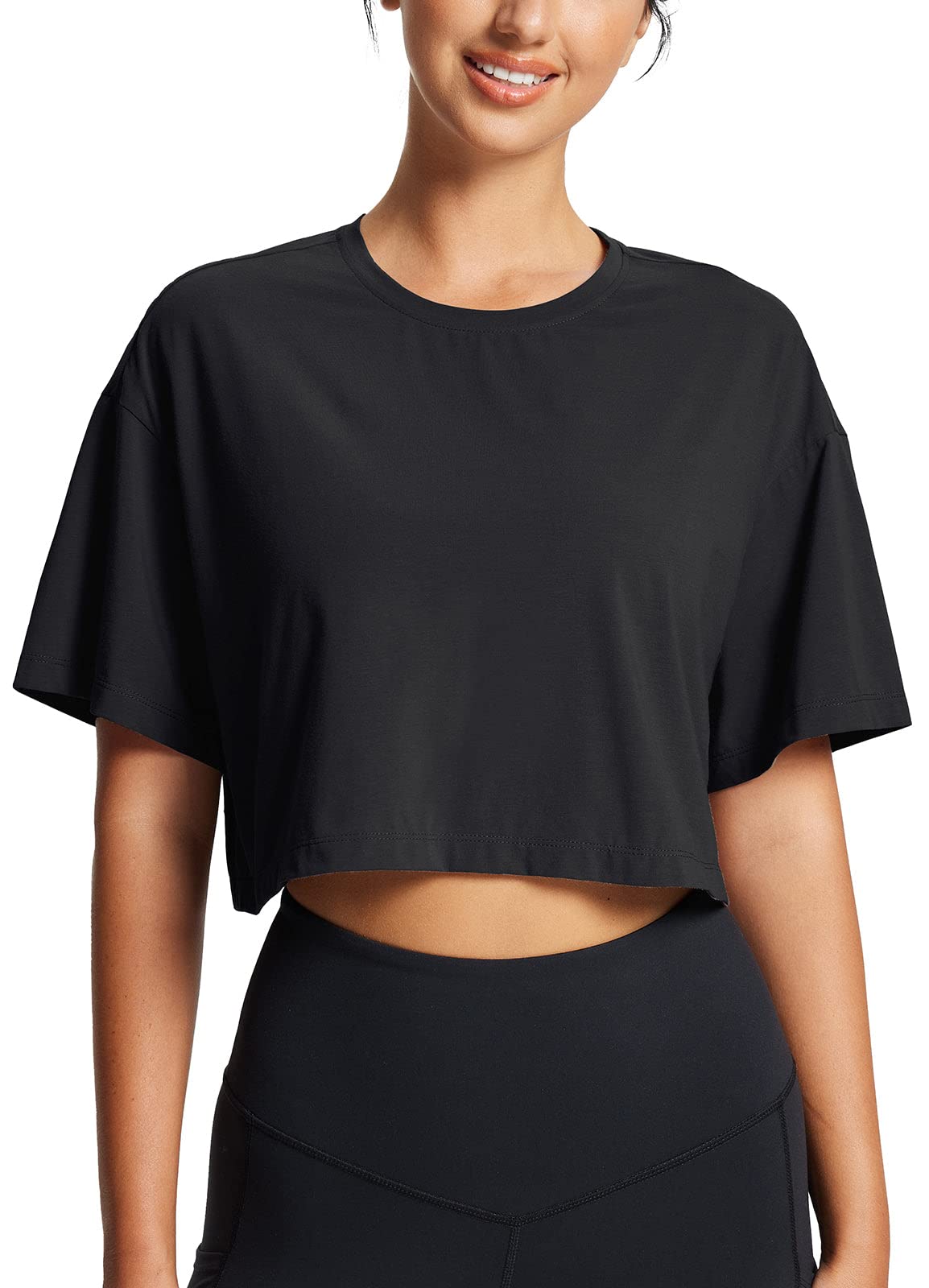 BALEAF Women's 𝐏𝐢𝐦𝐚 𝐂𝐨𝐭𝐭𝐨𝐧 Workout Crop Tops [Loose Fit] [Cute Crewneck] Short Sleeve Gym Athletic Casual T-Shirts Black L