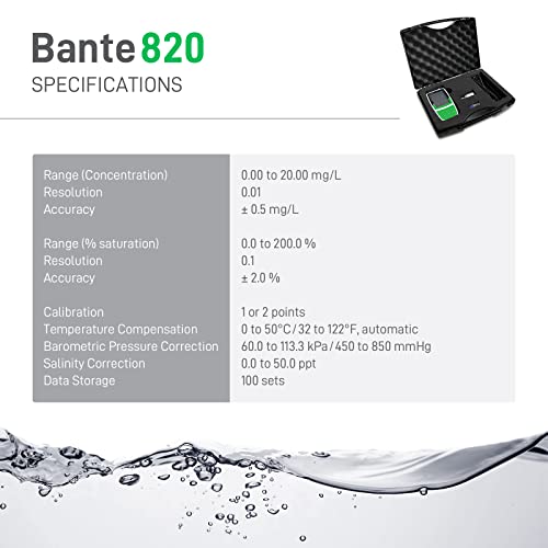 Bante 820 Portable Dissolved Oxygen Meter | Dissolved Oxygen Tester Kit | 10 ft Cable, 1 or 2 Points Calibration, 100 Sets of Data Storage, USB Communication Interface