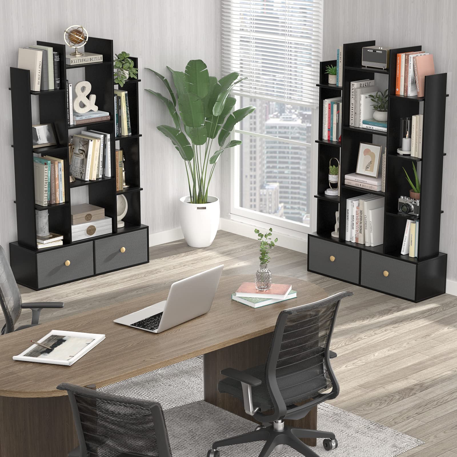 Unikito Book Shelf with 2 Drawers Free Standing Bookcase, Office Storage Shelf Organizer with 12 Open Bookshelf, Industrial Wood Book Case Display Rack for Bedroom, Living Room Home Office, Black