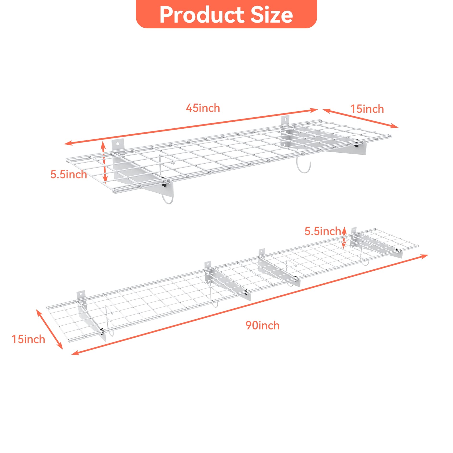 TORACK 2 Pack Garage Storage System Shelves, 15" x 45" Wall Mounted Wire Shelves for Storage Heavy Duty Garage Wall Shelving(Pack of 2, White)