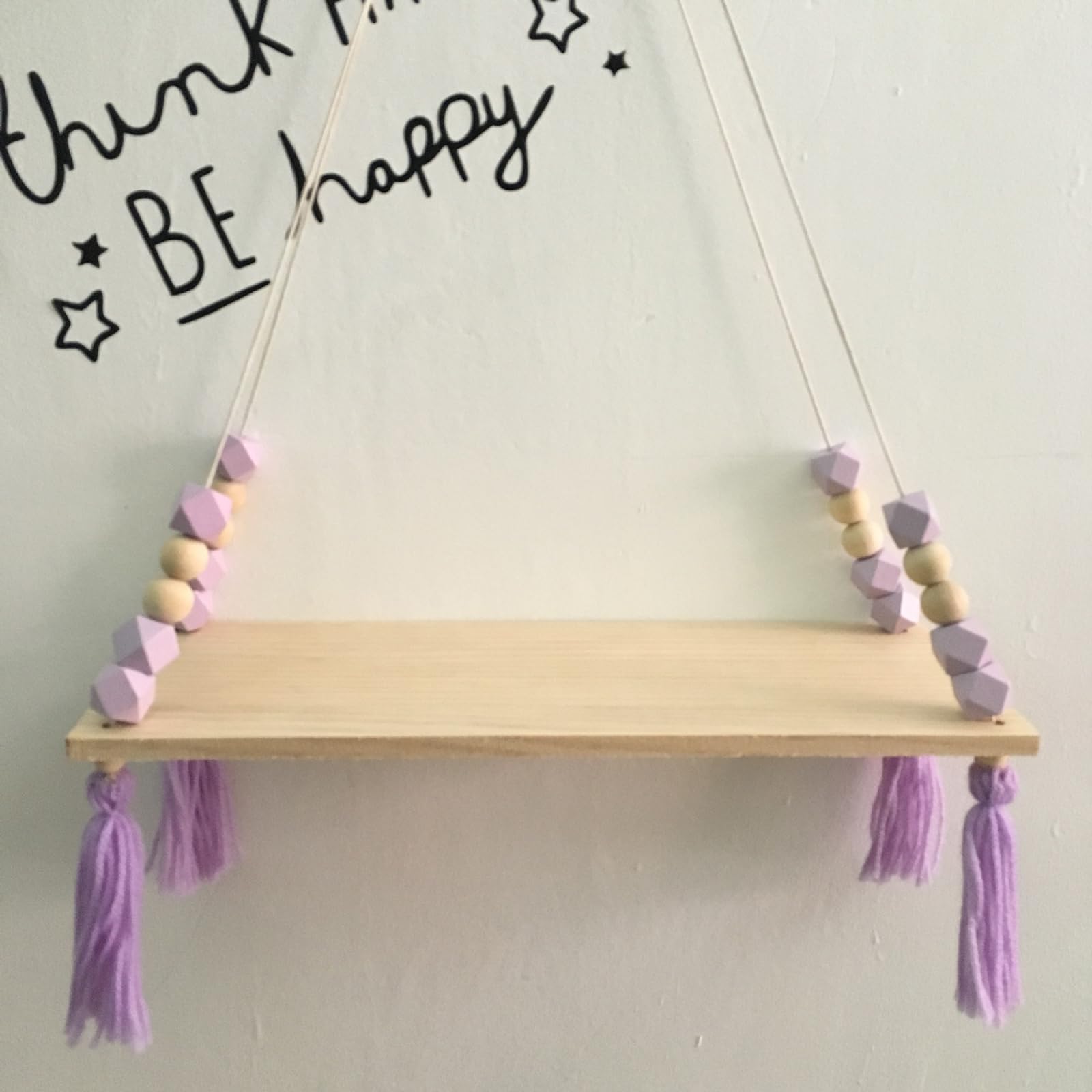 DEERWIN Hanging Shelf for Wall, Wood Hanging Shelves with Beads Tassels Boho Decor Swing Rope Rustic Floating Shelf,Wall Display Shelving Home Organizer Rack for Living Room Bedroom Kitchen (Purple)