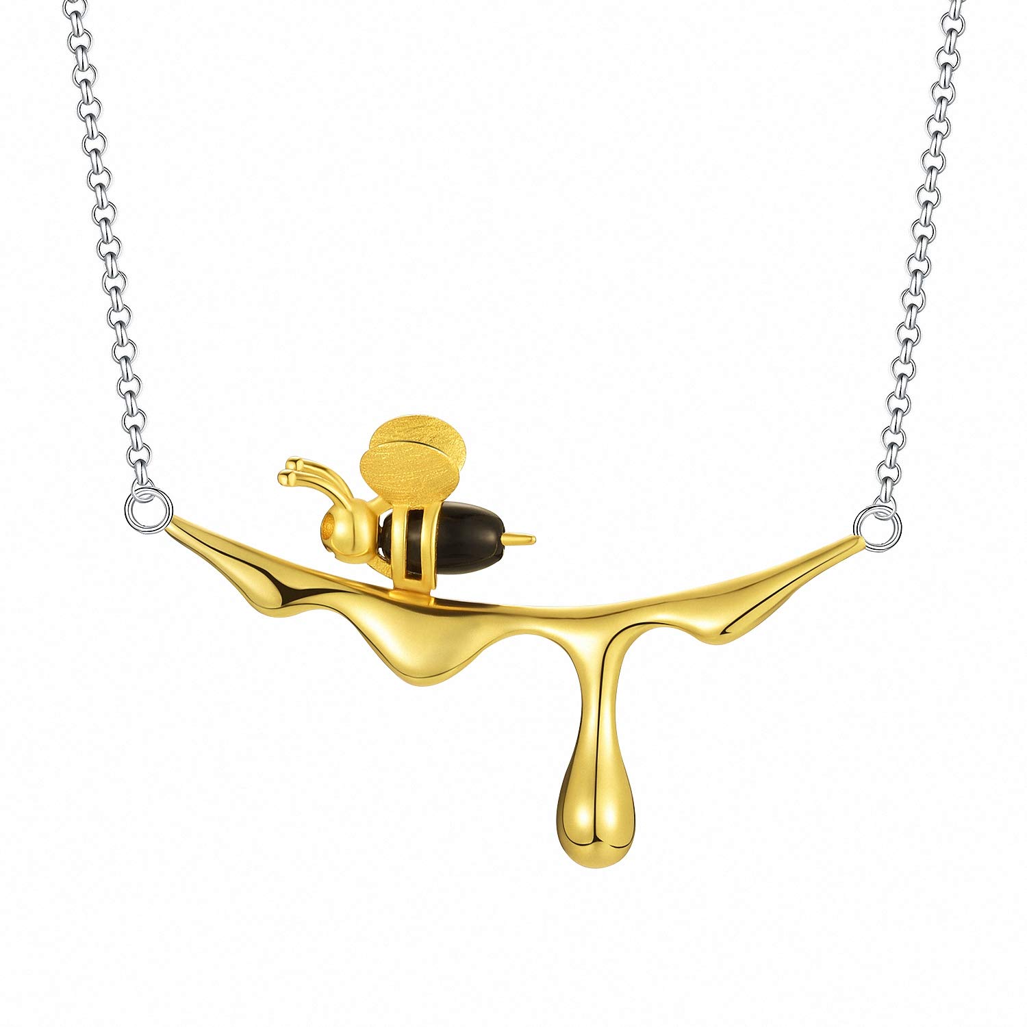 Lotus Fun S925 Sterling Silver Pendant Necklace Bee and Dripping Honey Pendant with Necklaces Chain Length 18.5 inches, Handmade Unique Jewelry Gifts for Women (Gold)