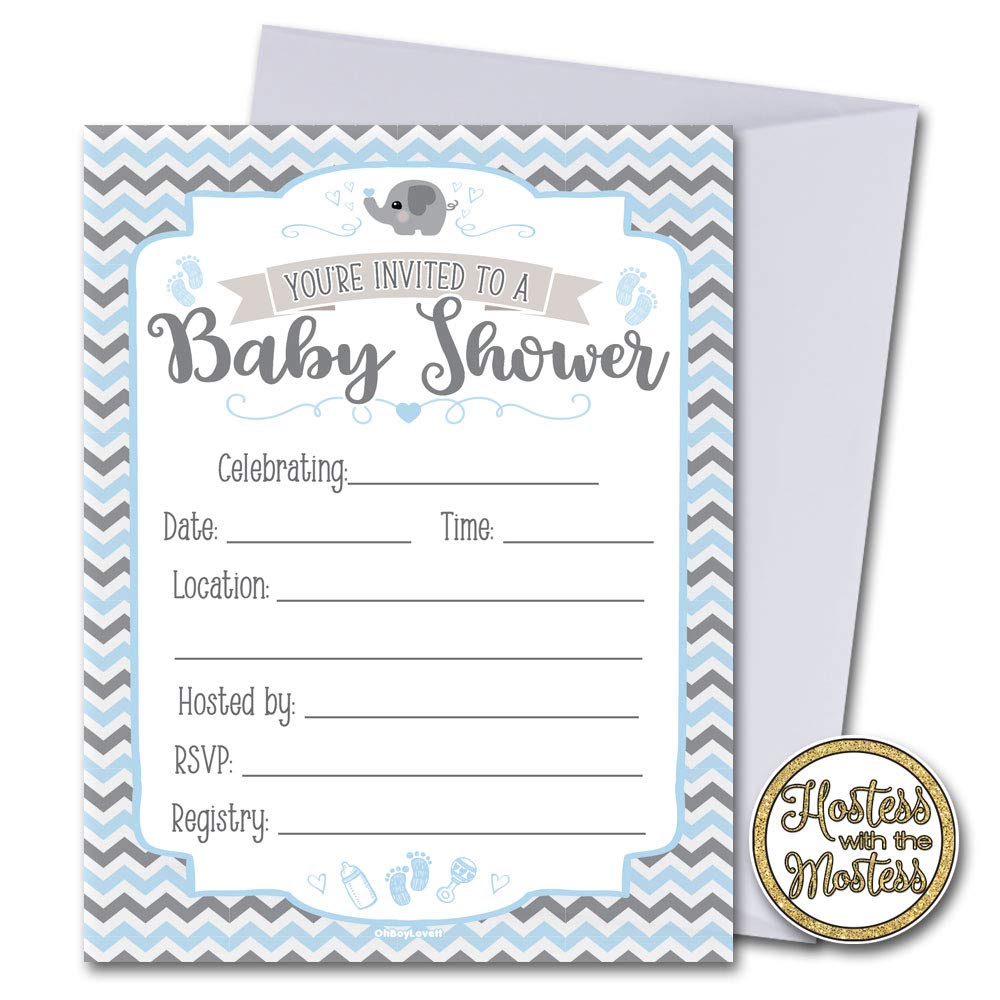 Blue Elephant Baby Shower Invitations with Envelopes 25 Pack | Blue Grey Chevron | Fill in Style | Baby Boy