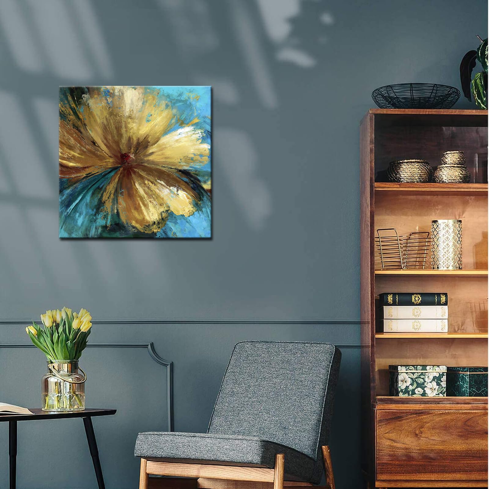 Biuteawal - Modern Canvas Flower Wall Art Abstract Gold Floral Blue Background Paintings on Canvas Still Life Artwork for Home Kitchen Living Room Bedroom Decorations Wall Decor