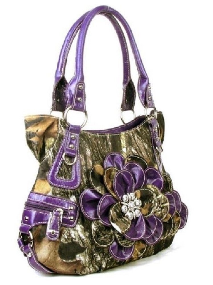 DH Concealed Carry Camo Western Rhinestone Flower Purse (Purple)