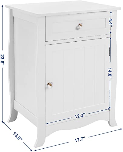 SONGMICS White Night Stand, Bathroom Floor Cabinet, End Table with Drawer, Wooden Bedside Table, Multifunctional Storage Organizer with Large Capacity, Easy to Assemble ULET02WT