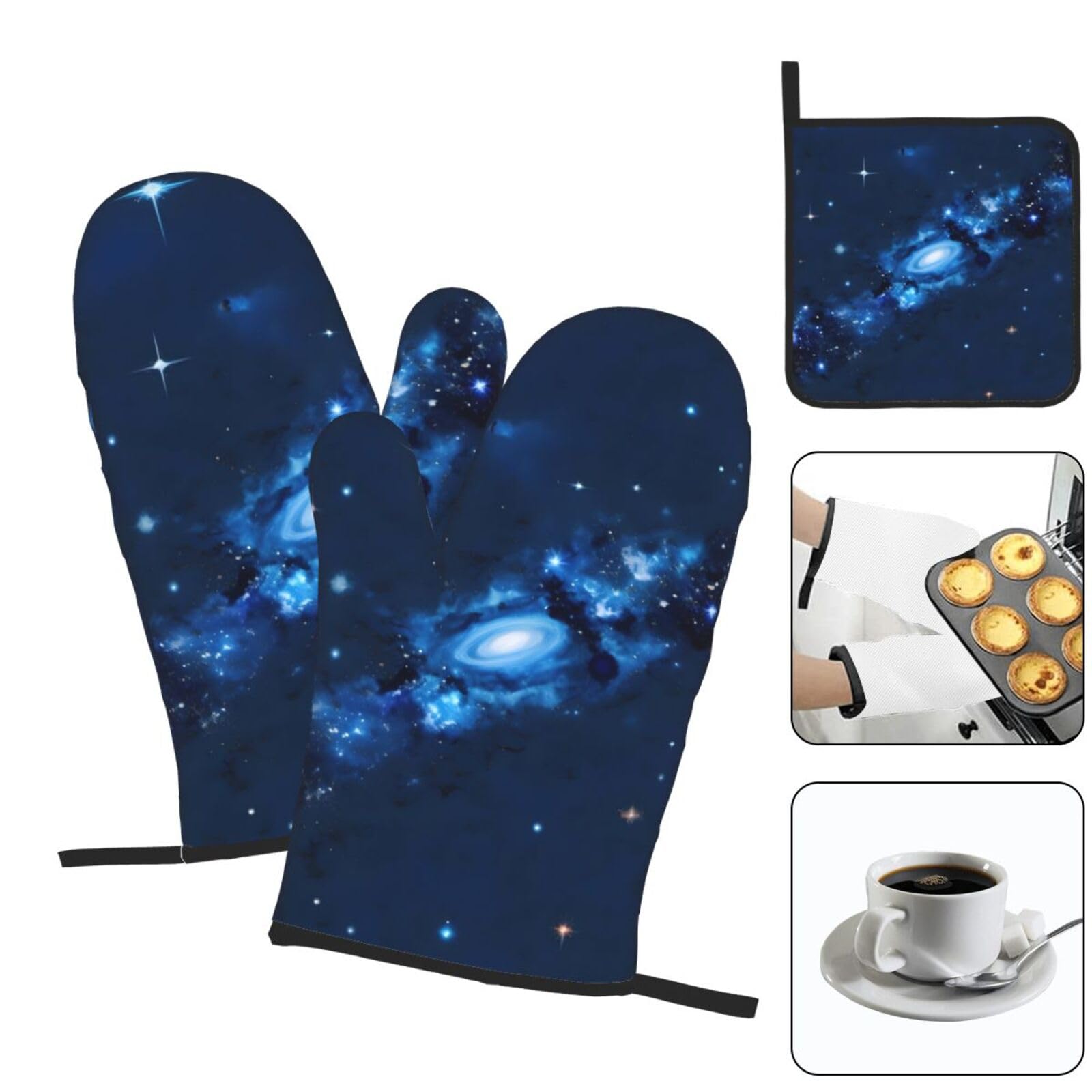 Blue Galaxy Pattern Oven Mitts and Pot Holders Set–Ultimate Heat Resistant Set for Kitchen and Dining