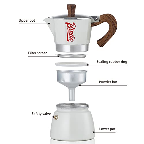 Bincoo 300ML Moka Pot Espresso Maker,Aluminum Moka Pot 6 Espresso Cups,Stovetop Italian Coffee Maker for Mocha Cappuccinos,Lattes(Off-white)