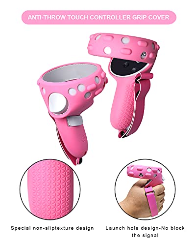 MODJUEGO VR Adjustable Head Strap for Oculus Quest 2 Accessories with Silicone Touch Controller Grip Cover,Barbie Pink 6 in1 VR Shell Protector Cover & VR Face Cover Replacement Set
