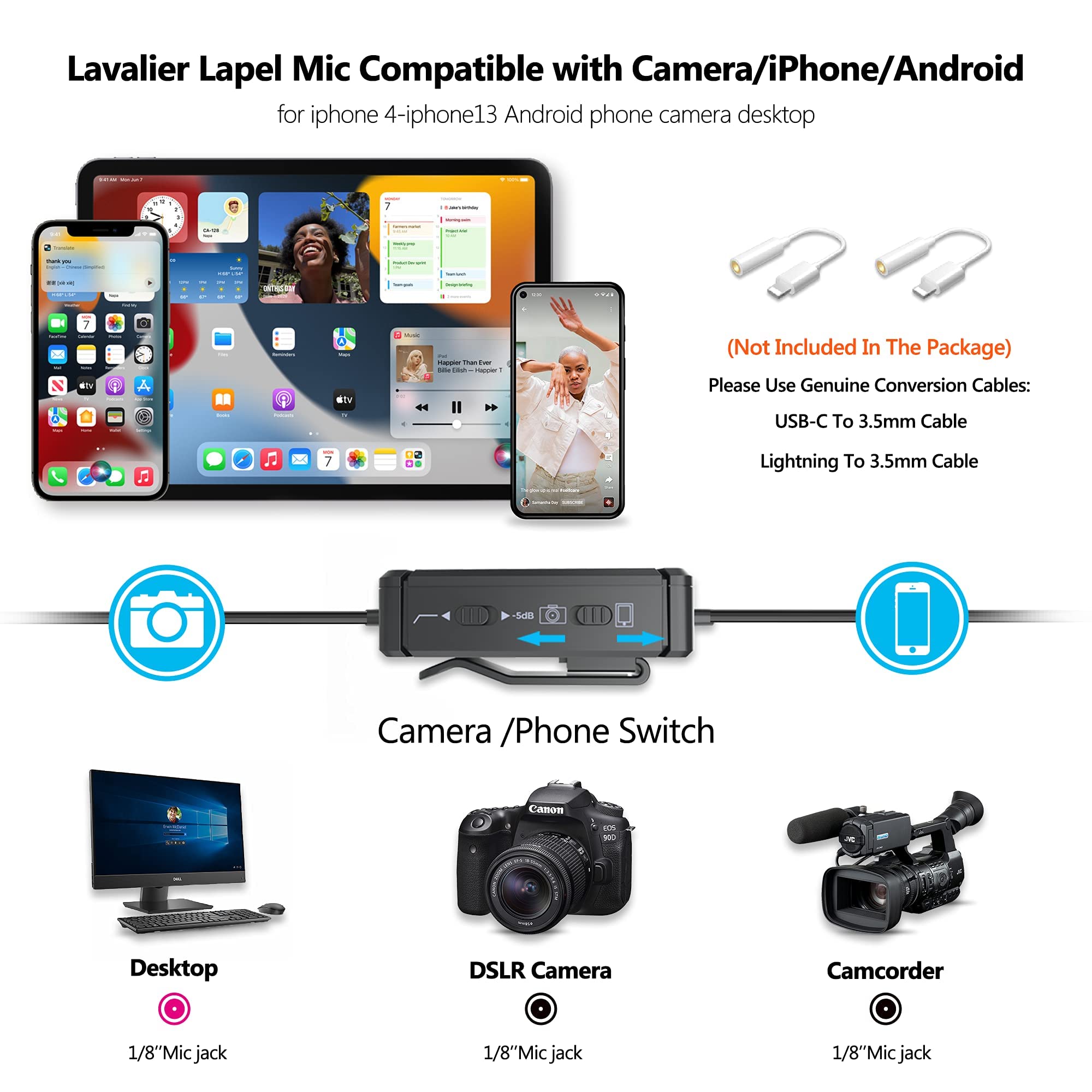 Bietrun Lapel Microphone for iPhone/Android Phone/DSLR Camera/Pad with Noise Cancelling, Omnidirectional Professional Wired Clip On Lavalier Mic for Interview, YouTube, Tiktok, Recording(19.6Ft)