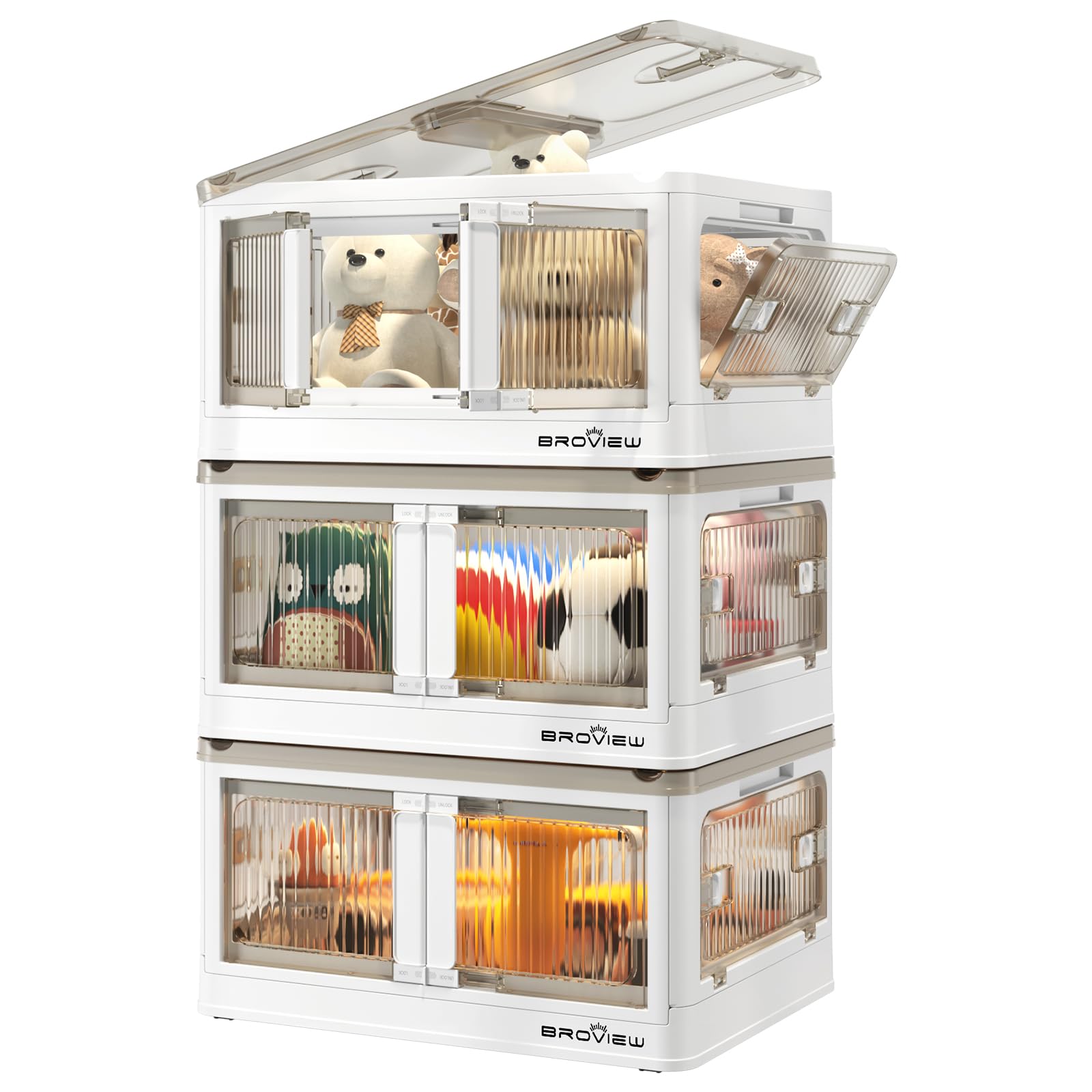 BROVIEW V5 32Gal Plastic Storage Bins with Lids, 4Pack Stackable Collapsible Storage Bins for Closet Organizers and Storage, Folding Storage Container Open Front Cabinets with Doors Wheels, White