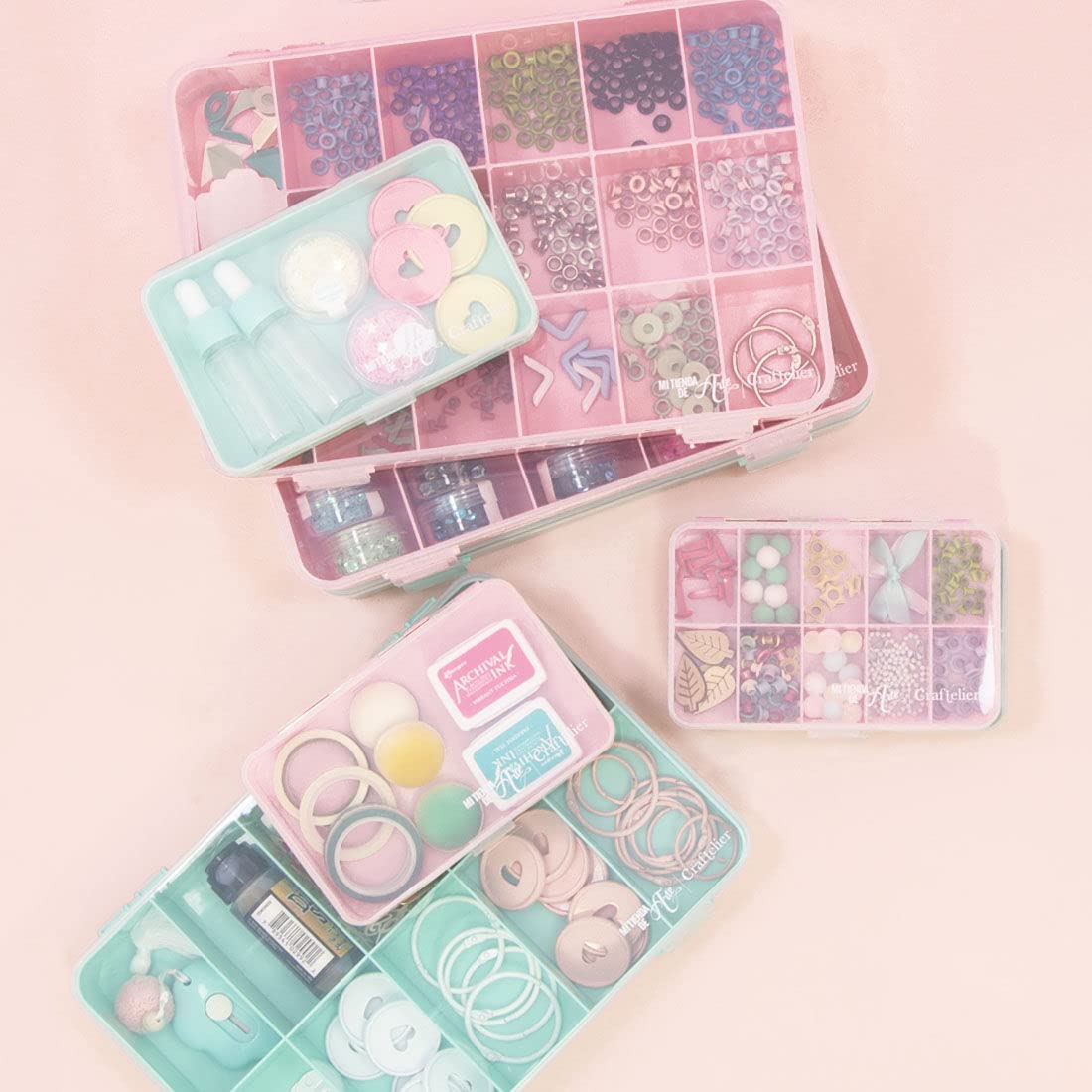 Craftelier - Mini Organizing Box with 10 Compartments for Scrapbooking and Craft Materials | Dimensions 14.6 x 9.1 x 3.2 cm (5.75β x 3.6β x 1.25") - Transparent and Turquoise Color