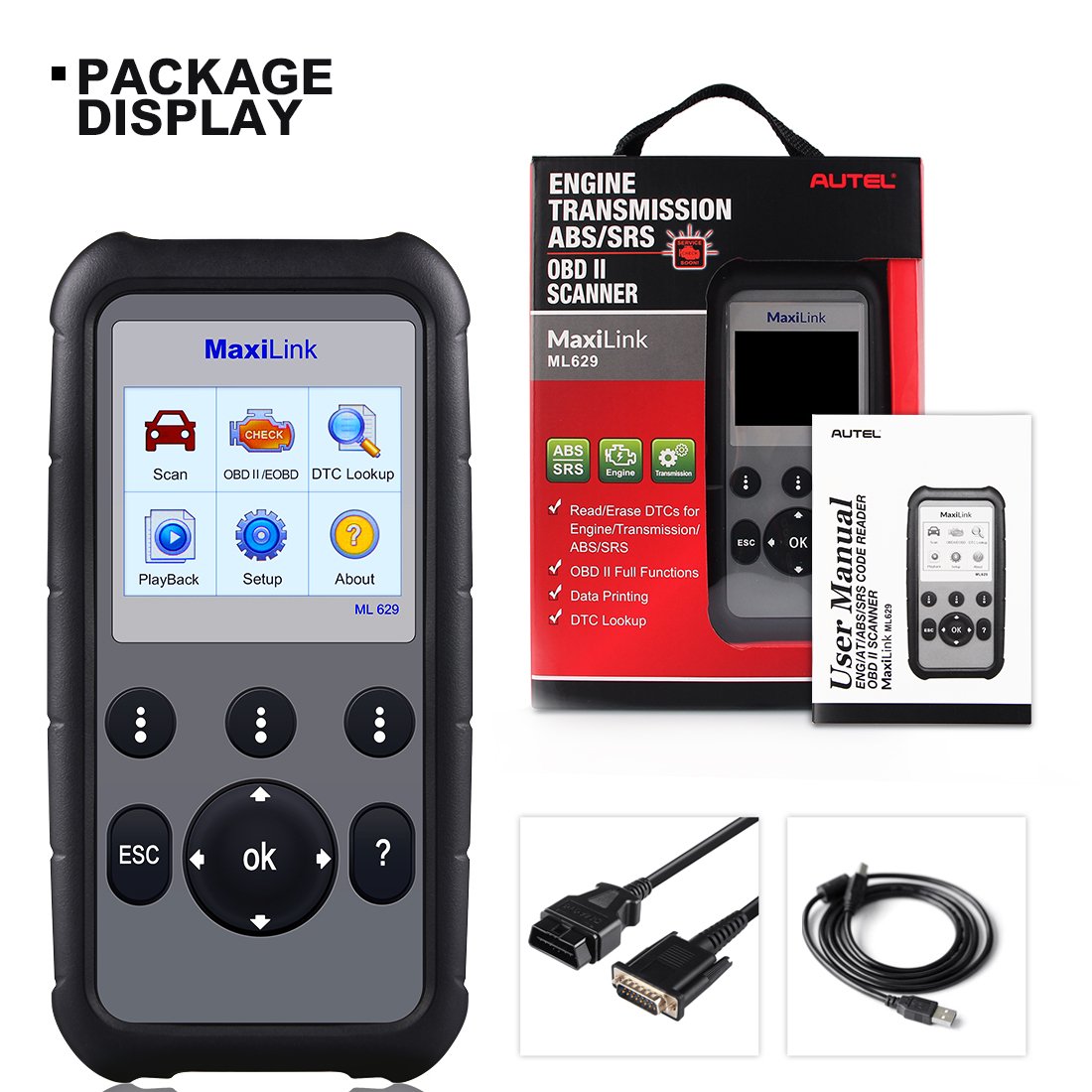 Autel OBD2 Scanner Diagnostic Code Reader ML629 - ABS/SRS/Engine/Transmission MaxiLink 629 Car Diagnostic Tool DTC Lookup AutoVIN Mechanic Car OBDii for Vehicle Engine/Transmission/AirBag/Brake System