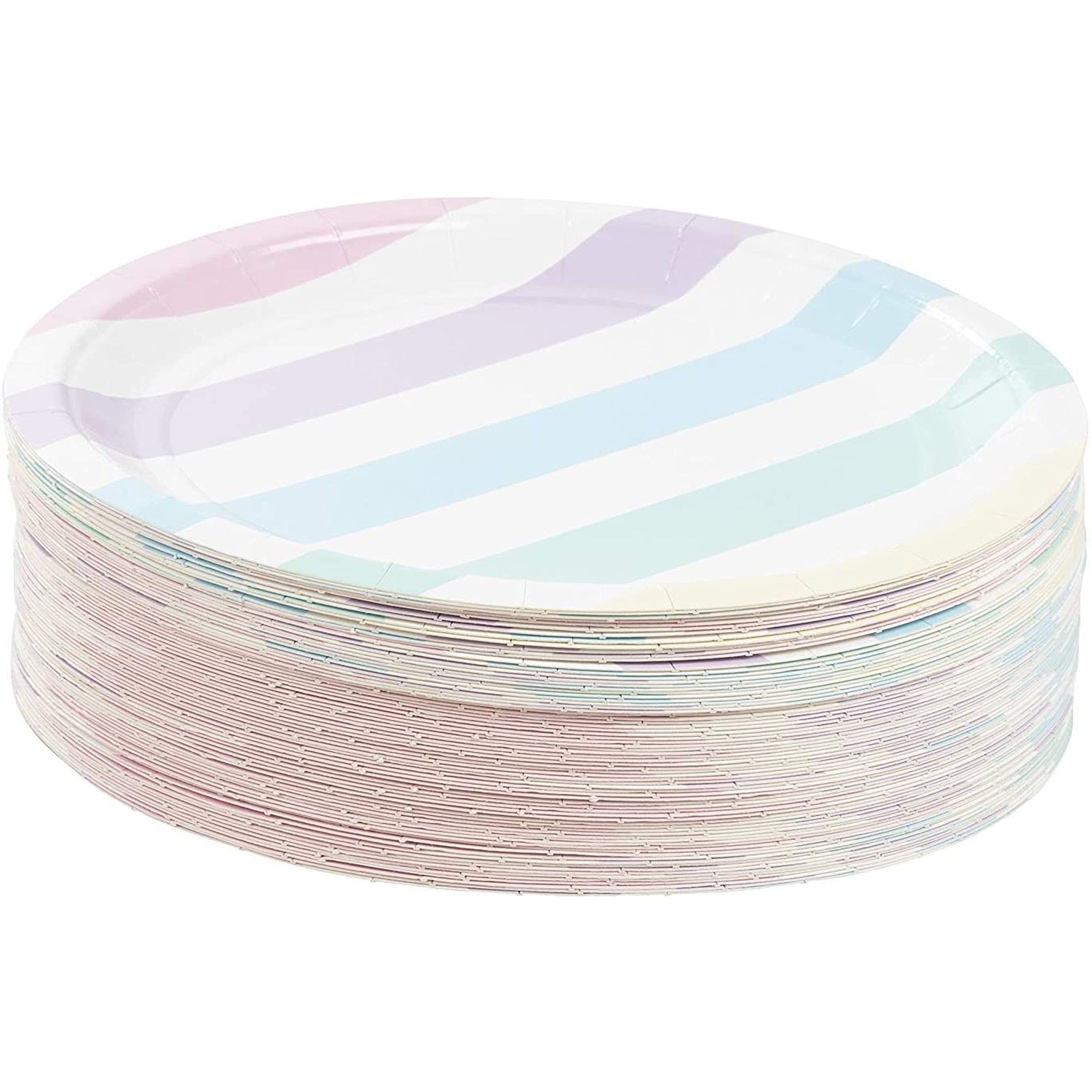 BLUE PANDA 80-Count Disposable Paper Plates, Multi-Colored Pastel Stripes Design, 9 Inches