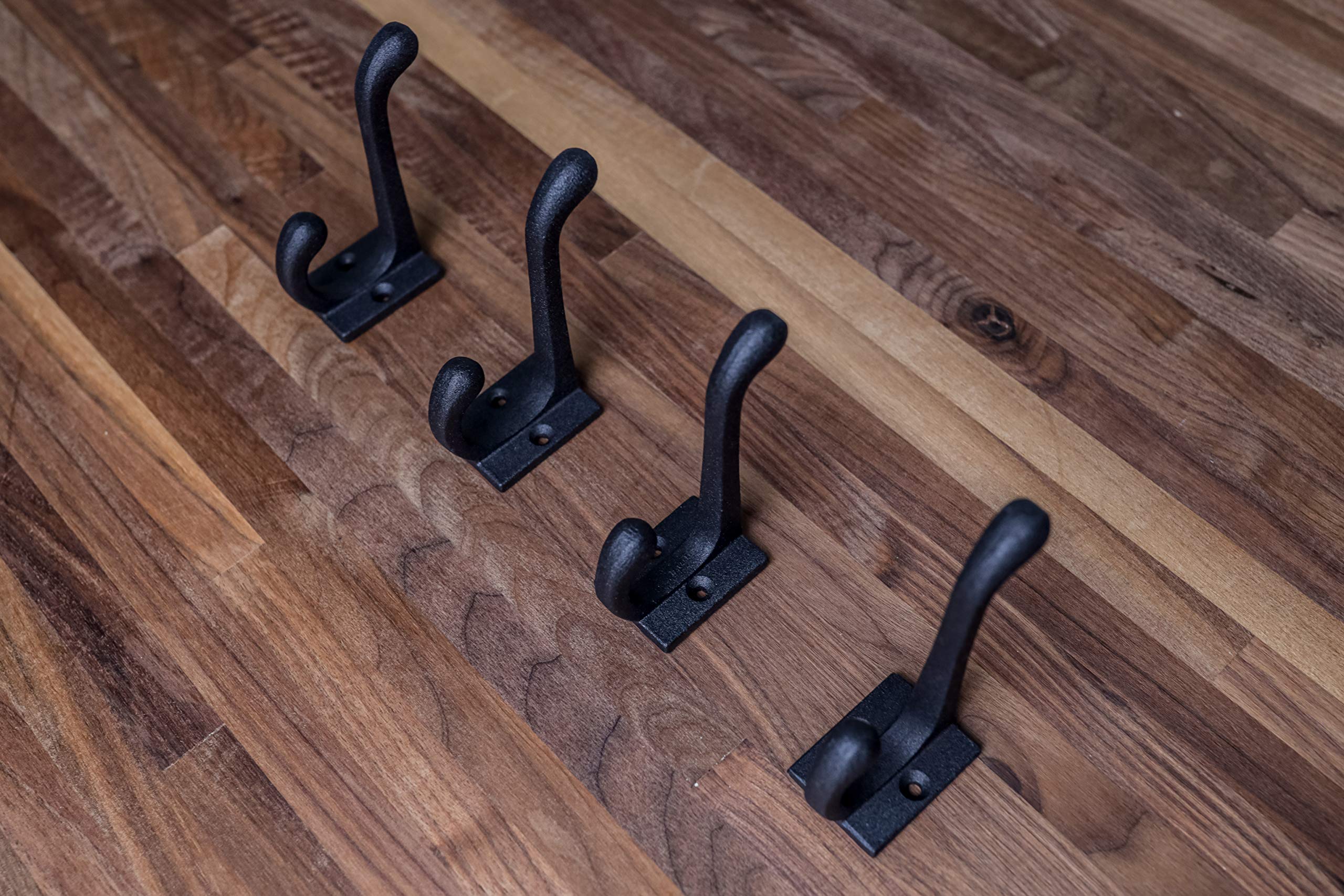 CRAFTSMAN ROAD Vintage Cast Iron Wall Hooks (Black Texture Finish, Set of 4) - Rustic, Farmhouse Coat Hooks | Great for Coats, Bags, Towels, Hats | Classic Stout
