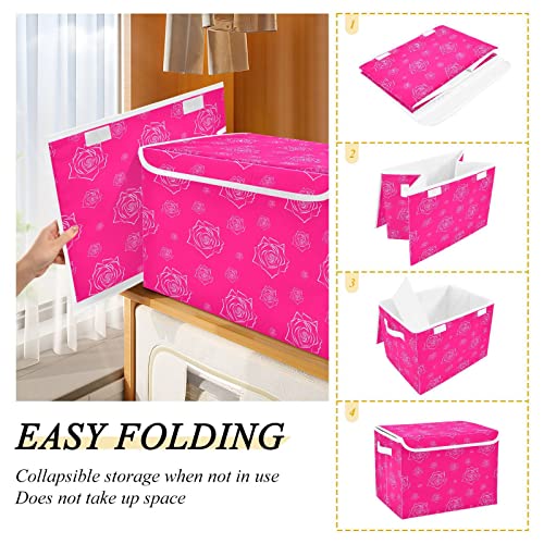 CaTaKu Roses Hot Pink Storage Bins with Lids Fabric Large Storage Container Cube Basket with Handle Decorative Storage Boxes for Organizing Clothes Shelves