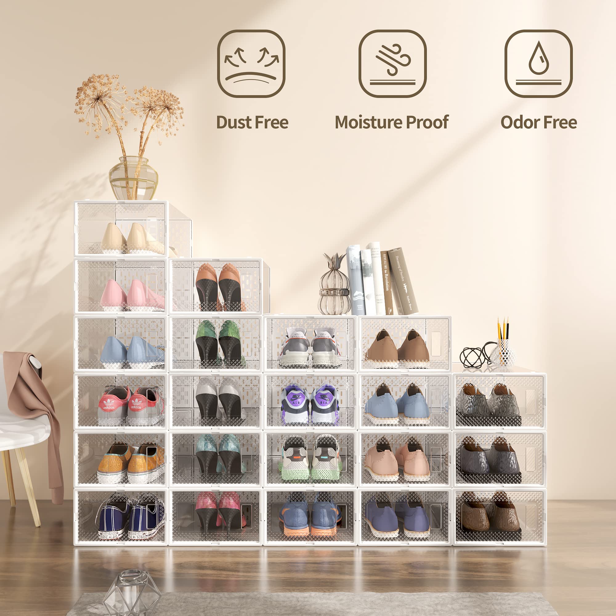 AVGXC Clear Shoe Boxes Stackable, Set of 12 Plastic Shoe Storage Boxes, Shoe Box Storage Containers for Sneakers, Heels, and More, Organize Your Closet and Save Space