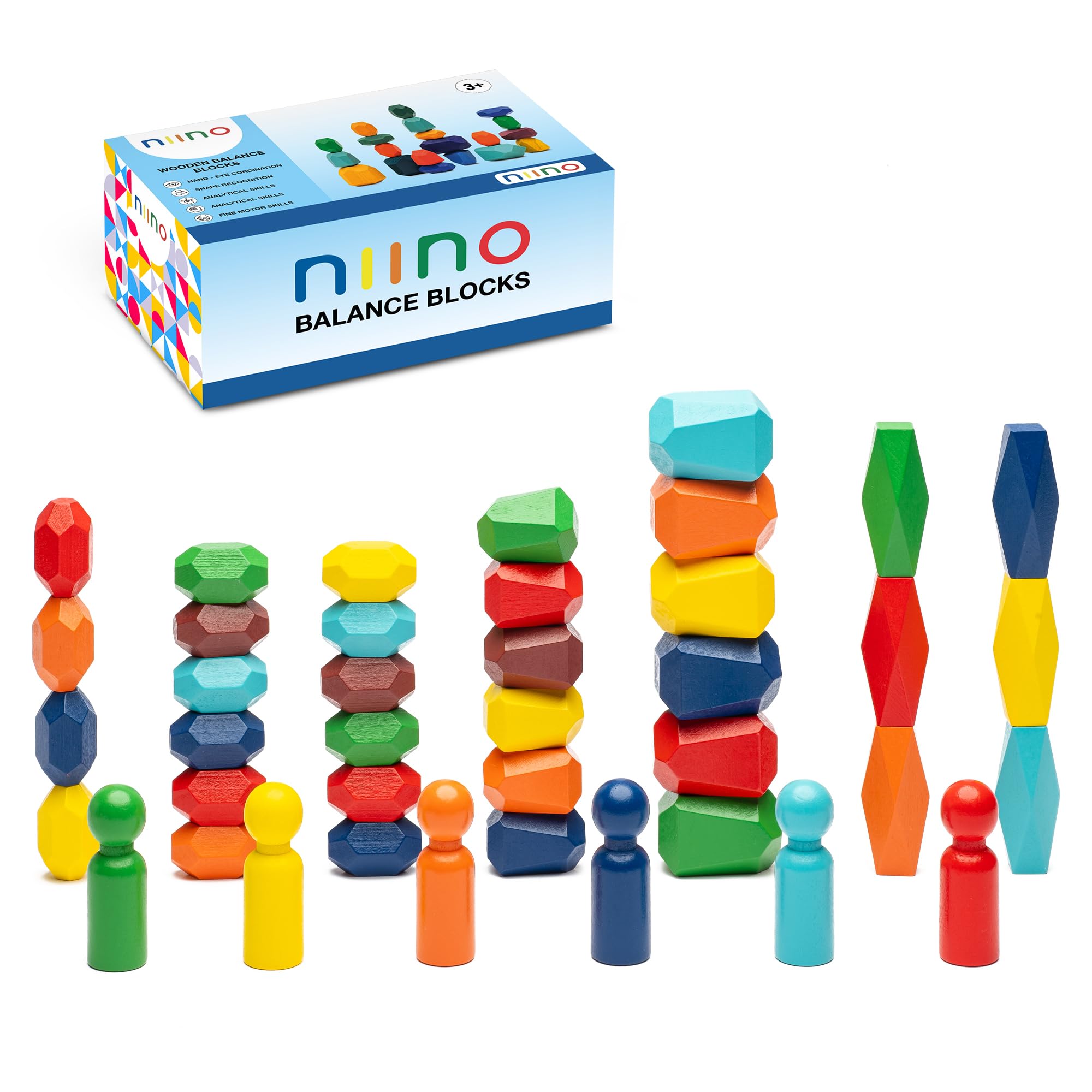 Niino 16 Pcs Wooden Blocks-Wooden Stone Balancing Blocks- Wooden Stacking Toys-Wooden Stones Building Blocks-Stacking Rocks-Colorful Natural Rainbow Stacking Sensory Toy… (20, Multicolor)