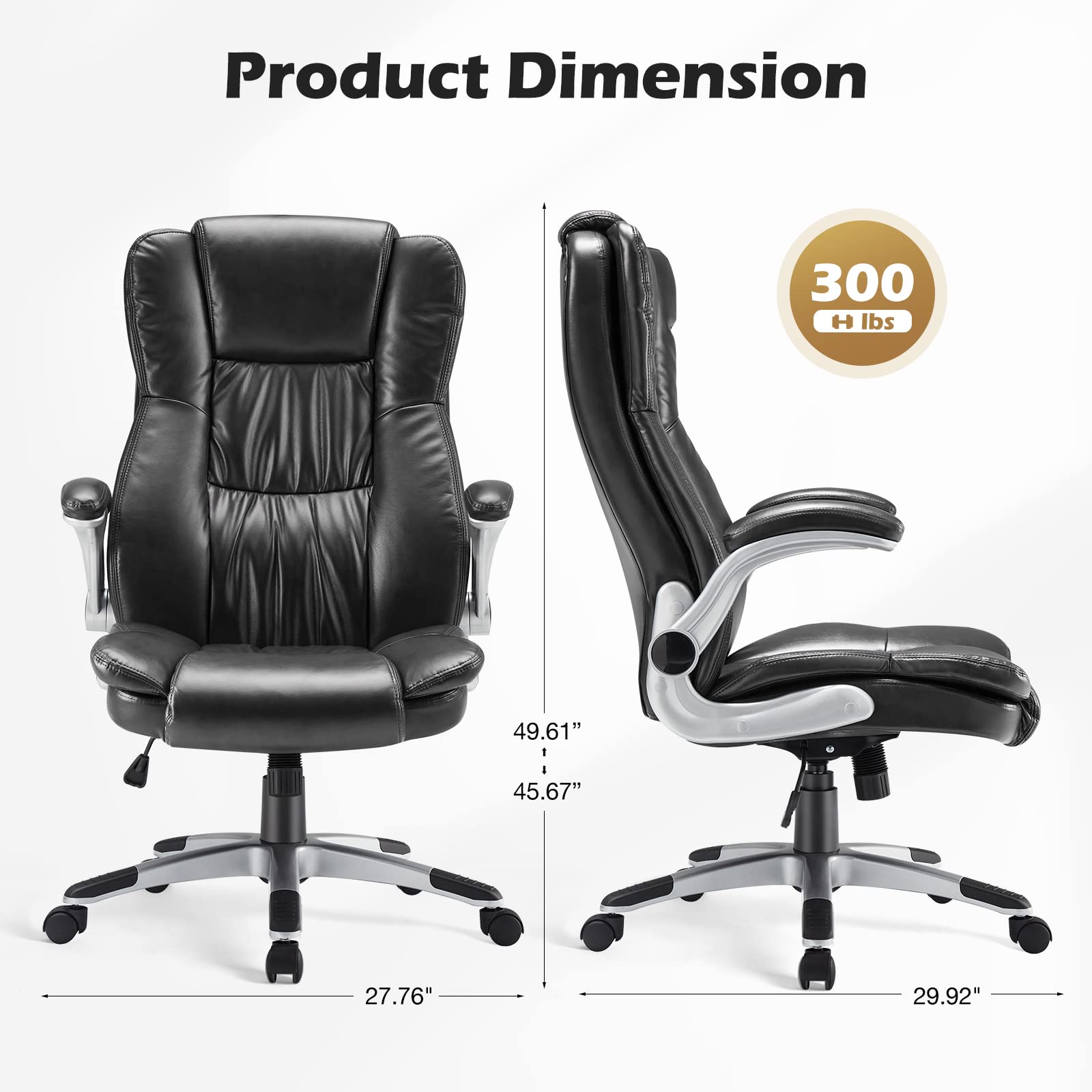 Big and Tall Office Chair Ergonomic Desk Chair with Arms Adjustable Height High Back Lumbar Support Computer Chair Comfortable Leather Black Executive Chair