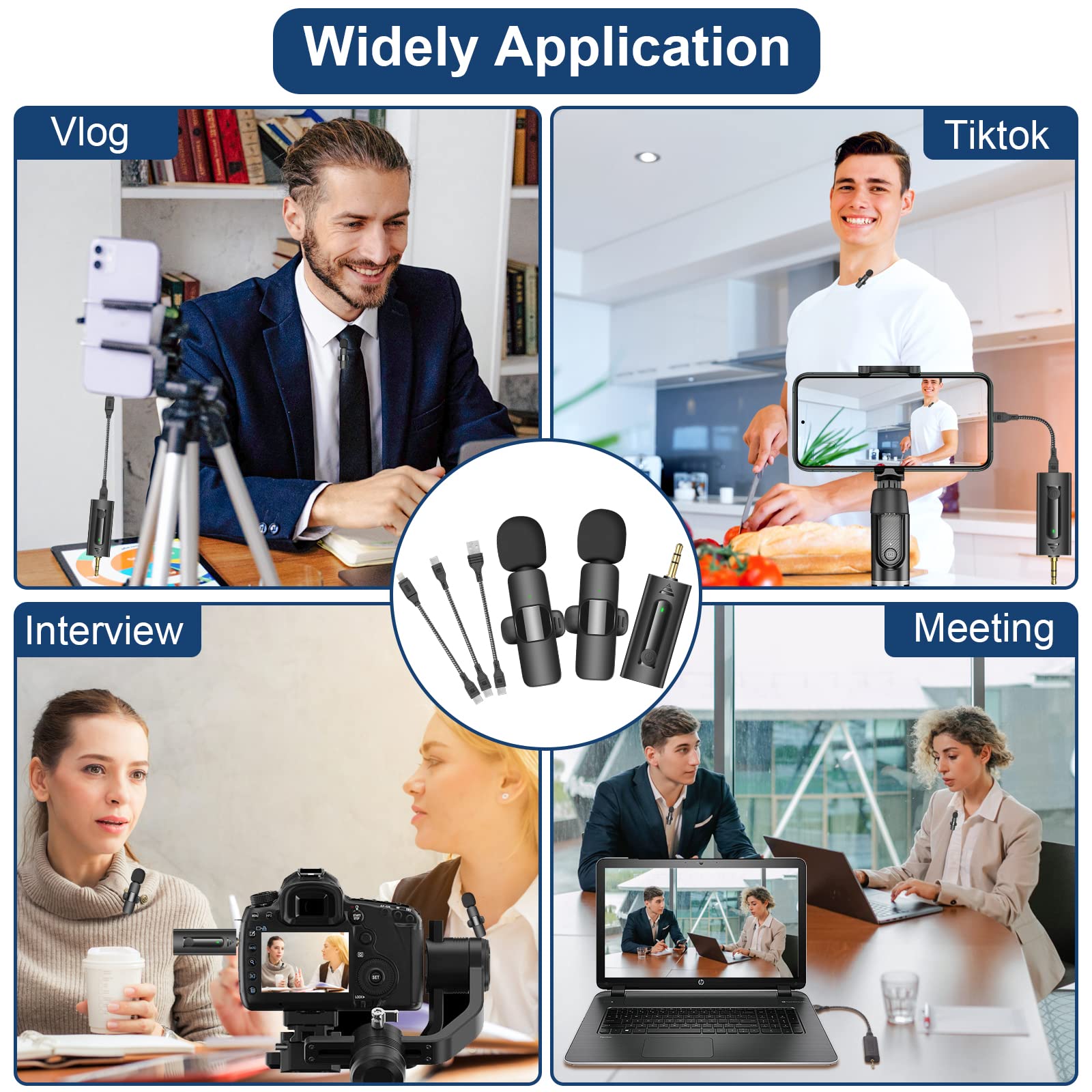 BZXZB Wireless Microphone for iPhone, Android Phone, Camera, Laptop, MacBook, Professional Dual Lavalier Clip on Mic with 3 Cable Adapters for Video Recording, Vlog, Tiktok, YouTube, Meeting