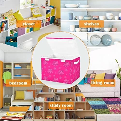 CaTaKu Roses Hot Pink Storage Bins with Lids Fabric Large Storage Container Cube Basket with Handle Decorative Storage Boxes for Organizing Clothes Shelves