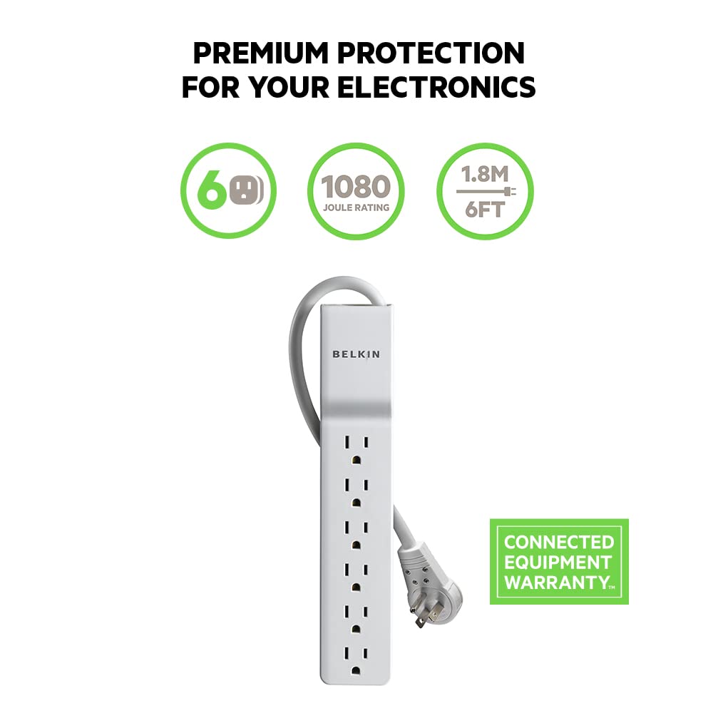Belkin 6-Outlet Power Strip Surge Protector w/Flat Rotating Plug, 6ft Cord β Ideal for Personal Electronics, Small Appliances and More (1080 Joules), White, 6' - 6 Pack