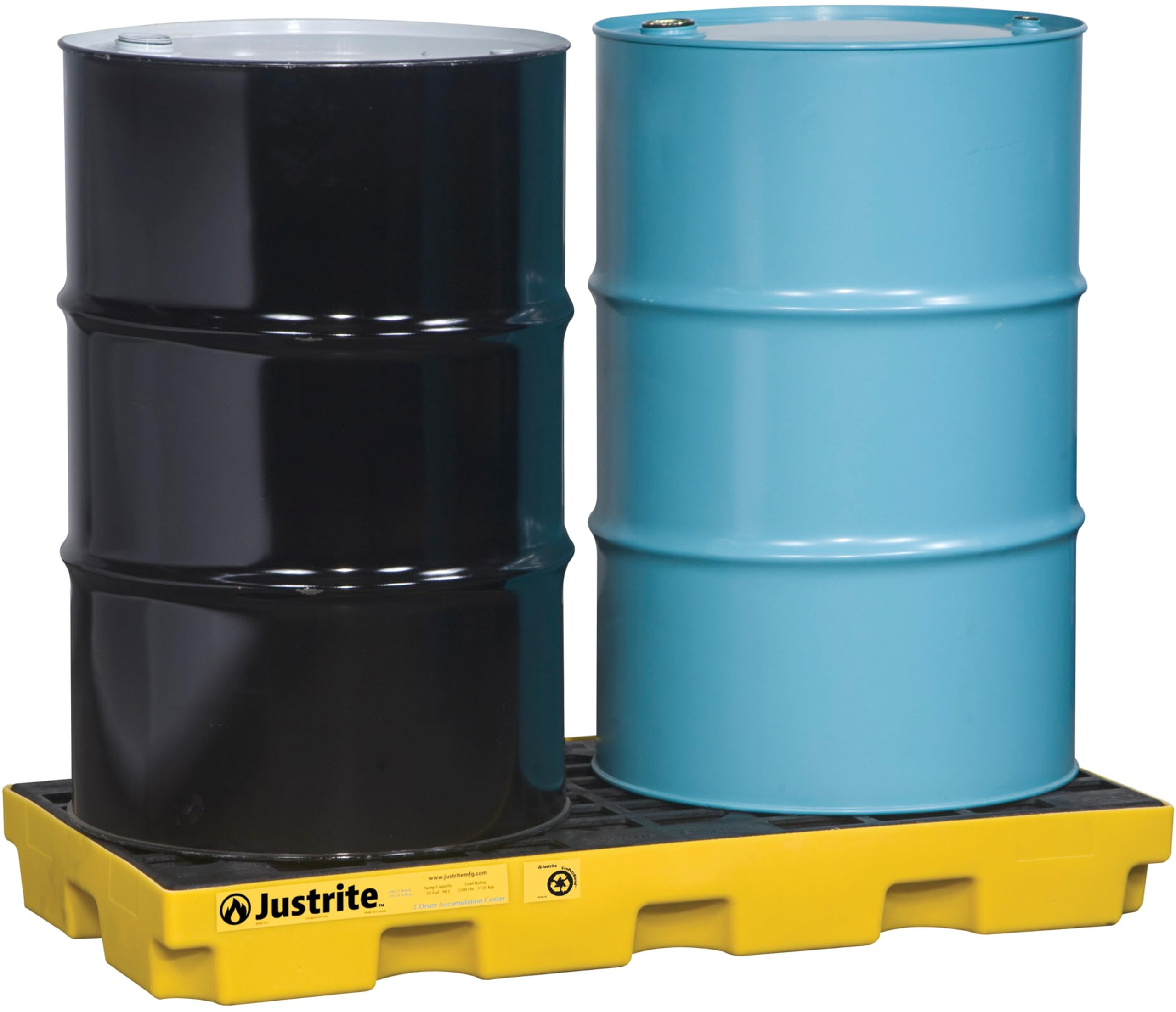 Justrite 2 Drum Low Profile Accumulation Center, 49" x 25" x 5.5", 24 Gallon Capacity Sump, Recycled Poly Spill Platform, Made in The USA, Yellow, 28654