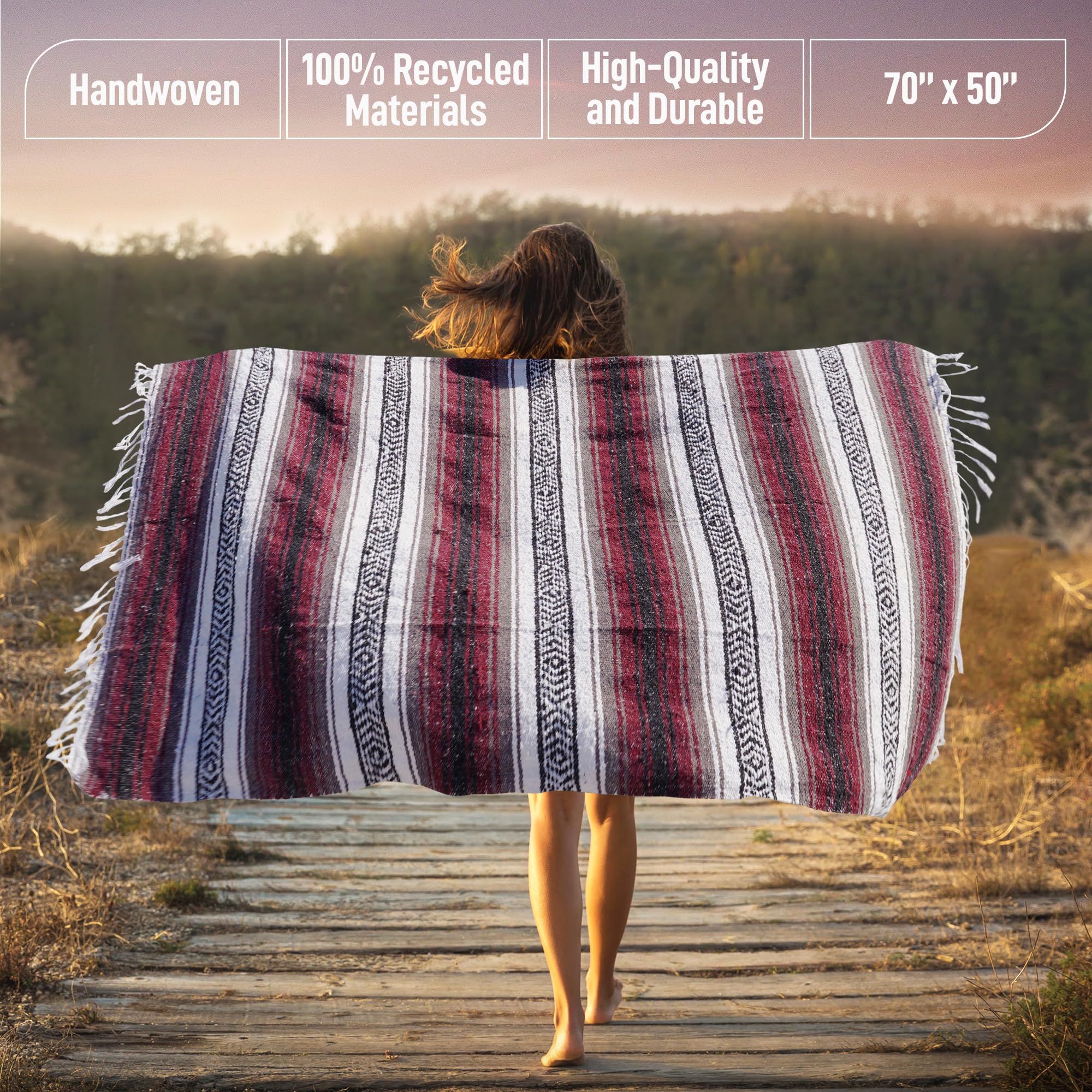Authentic Large Handwoven Mexican Blanket - Soft Yoga Blanket - Durable Serape Blanket - Lightweight Falsa Blanket, Beach Blanket, Camping Blanket, Picnic Blanket, Outdoor Blanket 70"x50" - Cherry