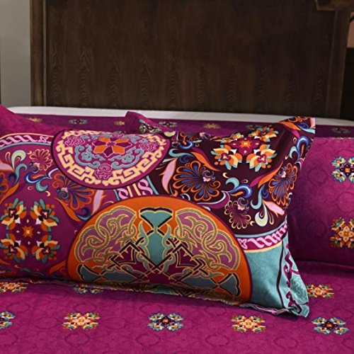 DasyFly 4PCS Bohemian Bedding Lightweight Microfiber Boho Duvet Cover Set Full Queen Size Rose Red Floral Bedding Mandala Duvet Cover with Zipper