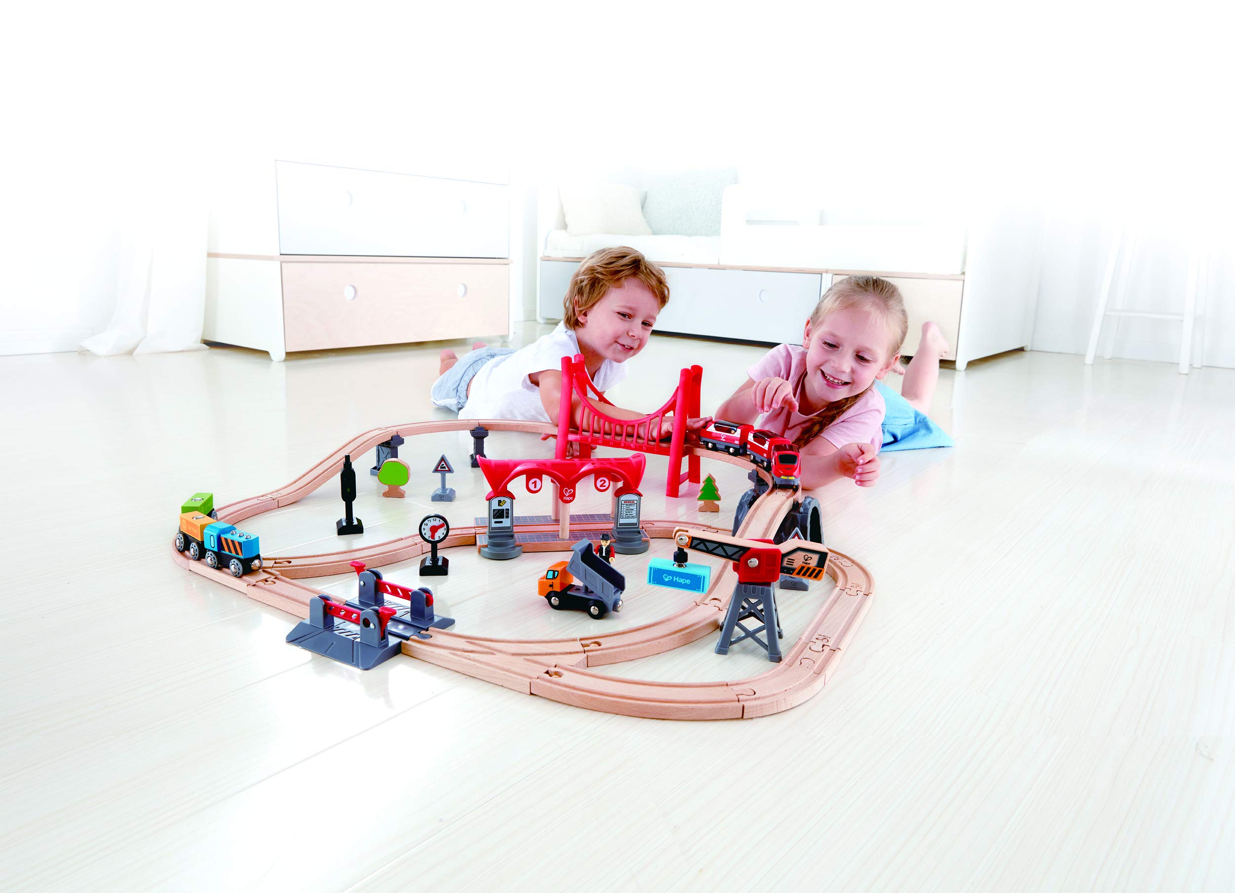 Hape Wooden Busy City Train Rail Set| 51 PCs Pretend Play Railway Set for Kids Age 3Y+