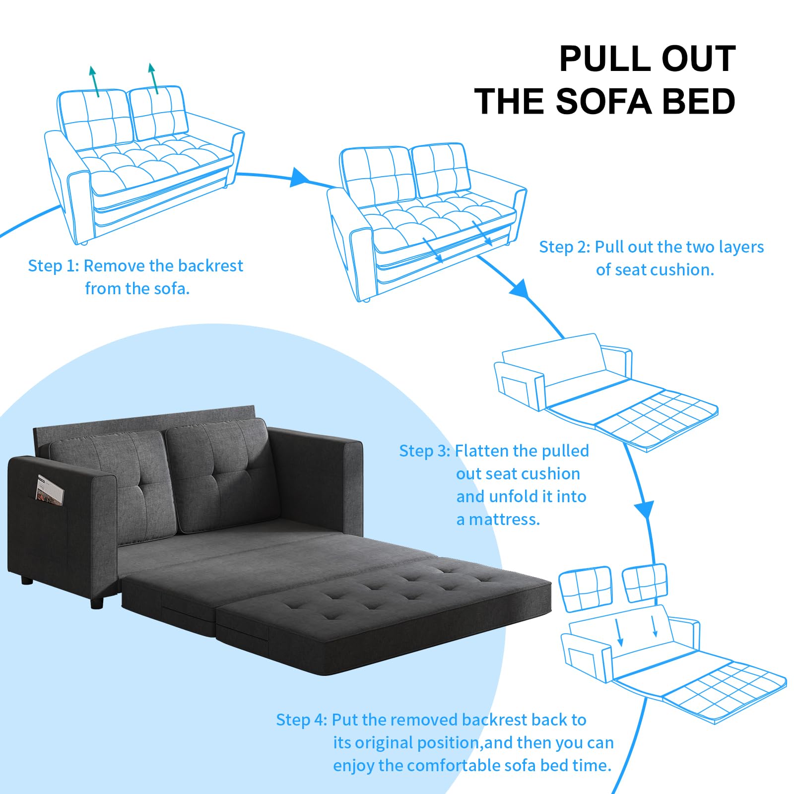 PUREMIND Floor Sleeper Sofa Bed, Upholstery 2-in-1 Pull Out Couch Bed, Loveseat Folding Futon Sofa Bed with Cushion, Convertible Floor Gaming Couch Bed for Living Room, Apartment, Office