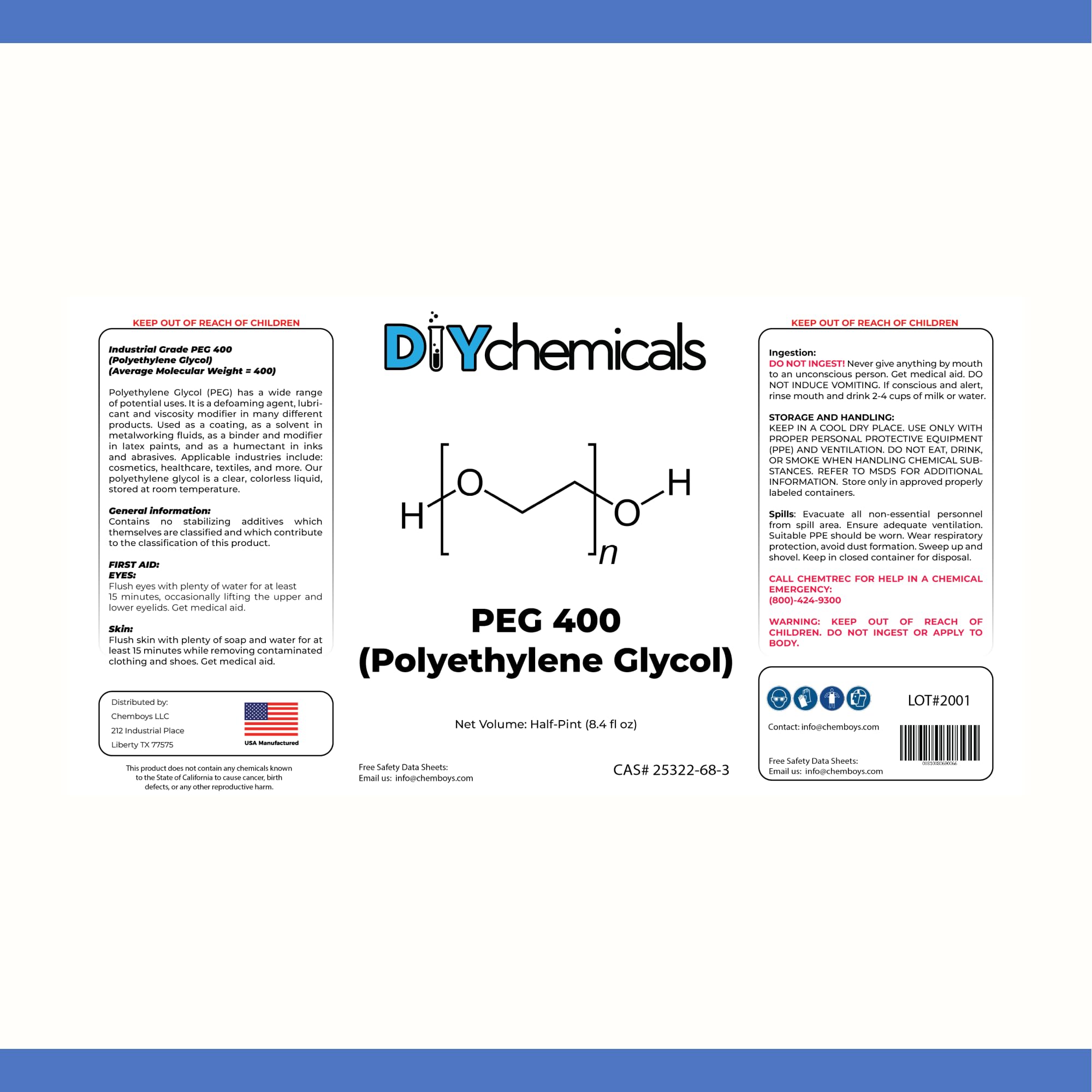 DIYChemicals Polyethylene Glycol PEG 400 for Industrial Manufacturing, Fog Machines, Antifreeze, Solvent, Humectant β Non-Toxic, Odorless, Bulk - 1 Pint