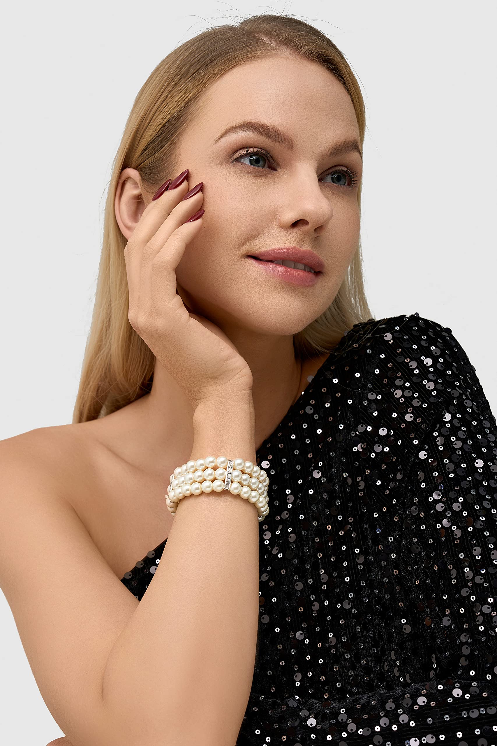 BABEYOND 1920s Flapper Imitation Pearl Bracelet Great Gatsby Pearl Bracelet Roaring 20s Accessories Jewelry Set (3layer)