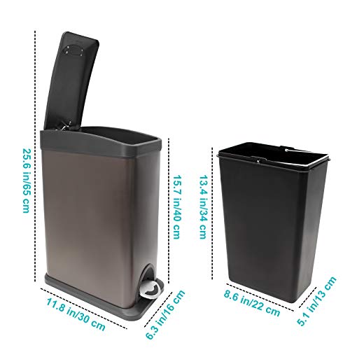 CTETC Slim Dark Bronze Stainless Steel Trash Can with Lid Soft Close and Removable Inner Wastebasket, Rectangular Small Garbage Can for Bathroom Bedroom Office, Anti-Fingerprint Finish, 2.1Gal/8L