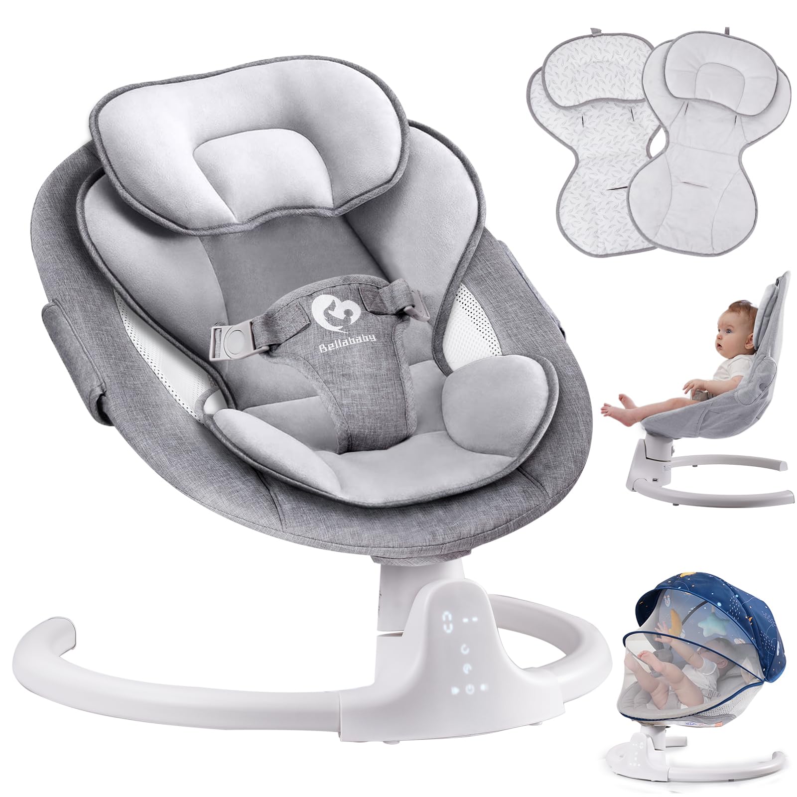 Bluetooth Baby Swing for Infants, Compact & Portable Baby Rocker, 3 Seat Positions, 5 Swing Speed, 10 Lullabies, Remote Control, USB Plug-in Power, Reversible Cushion for All Seasons